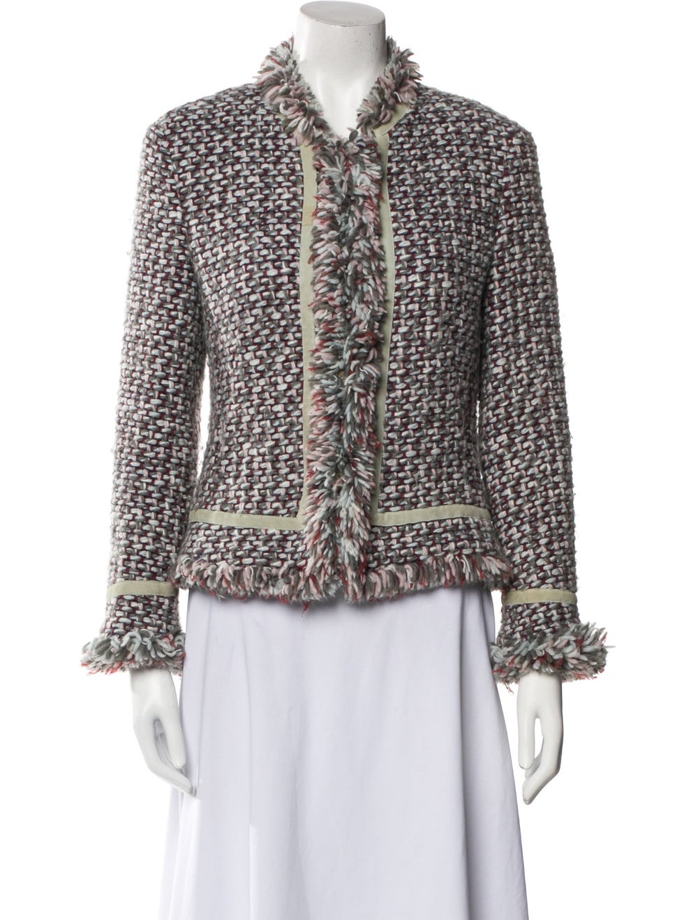 Louis Feraud Tweed Jacket Blue Tweed Pattern Fringe T… - Gem