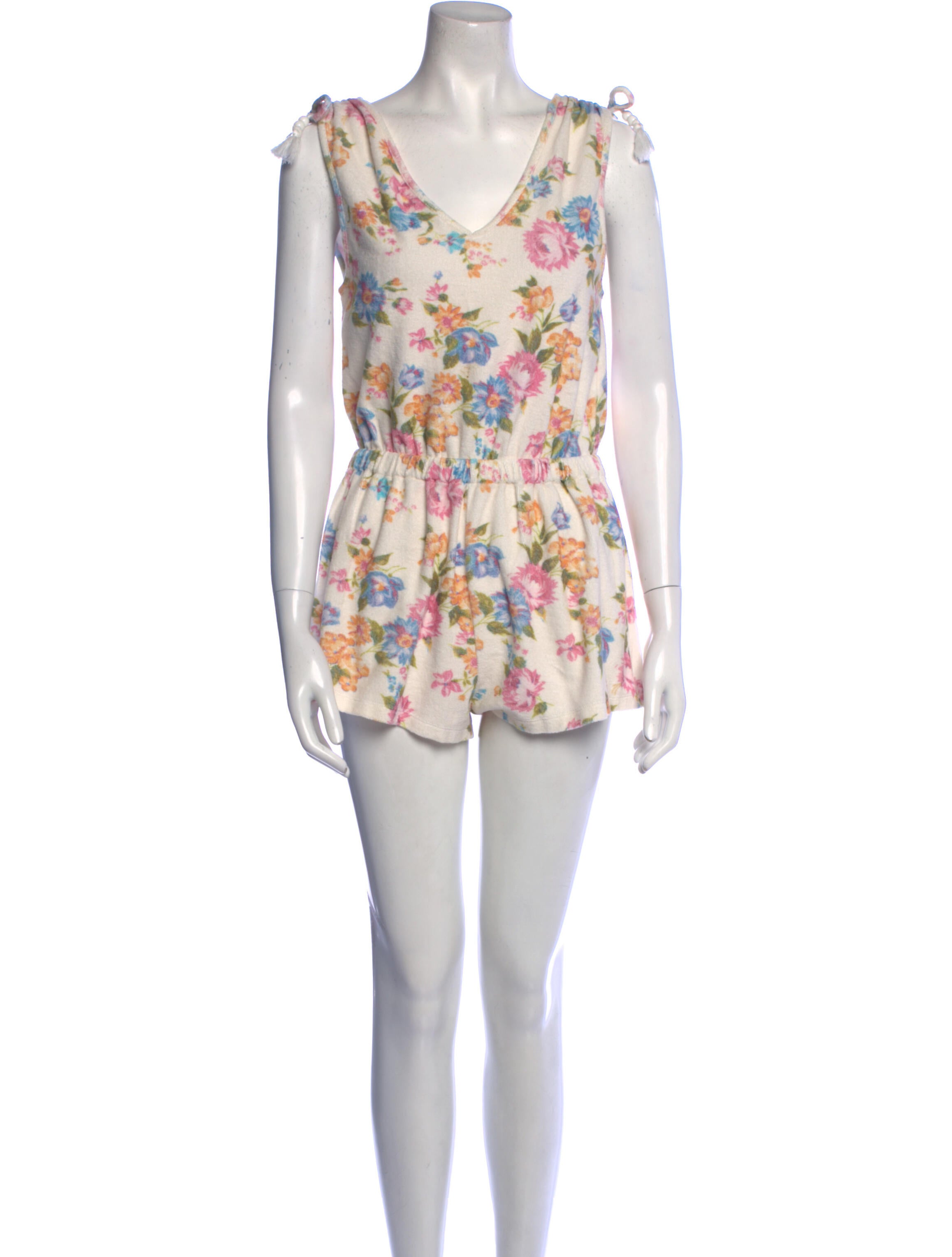 LoveShackFancy Floral Print V-Neck Romper - White, 25" Rise Jumpsuits ...