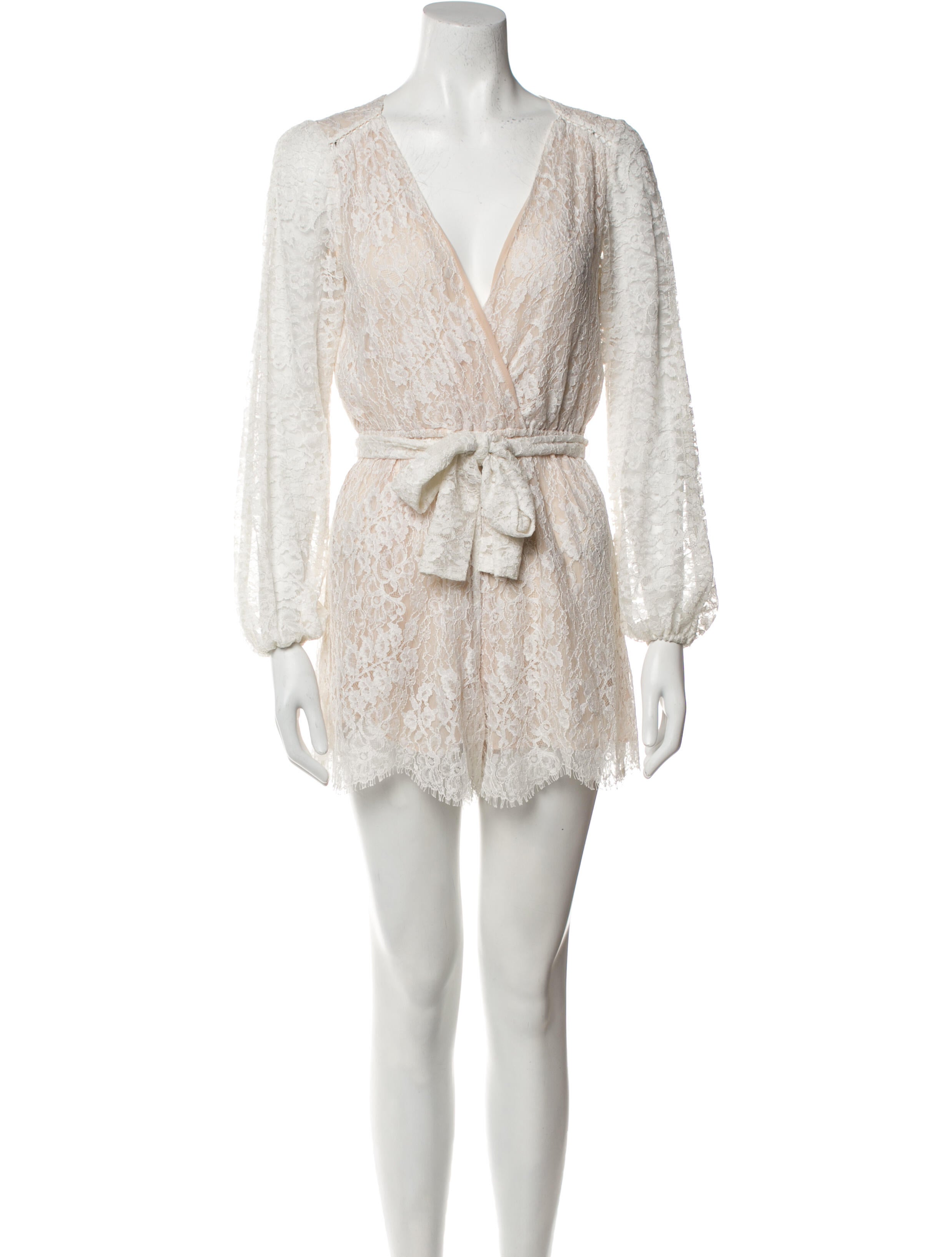 LoveShackFancy Lace Pattern V-Neck Romper - Neutrals, 12.25" Rise ...