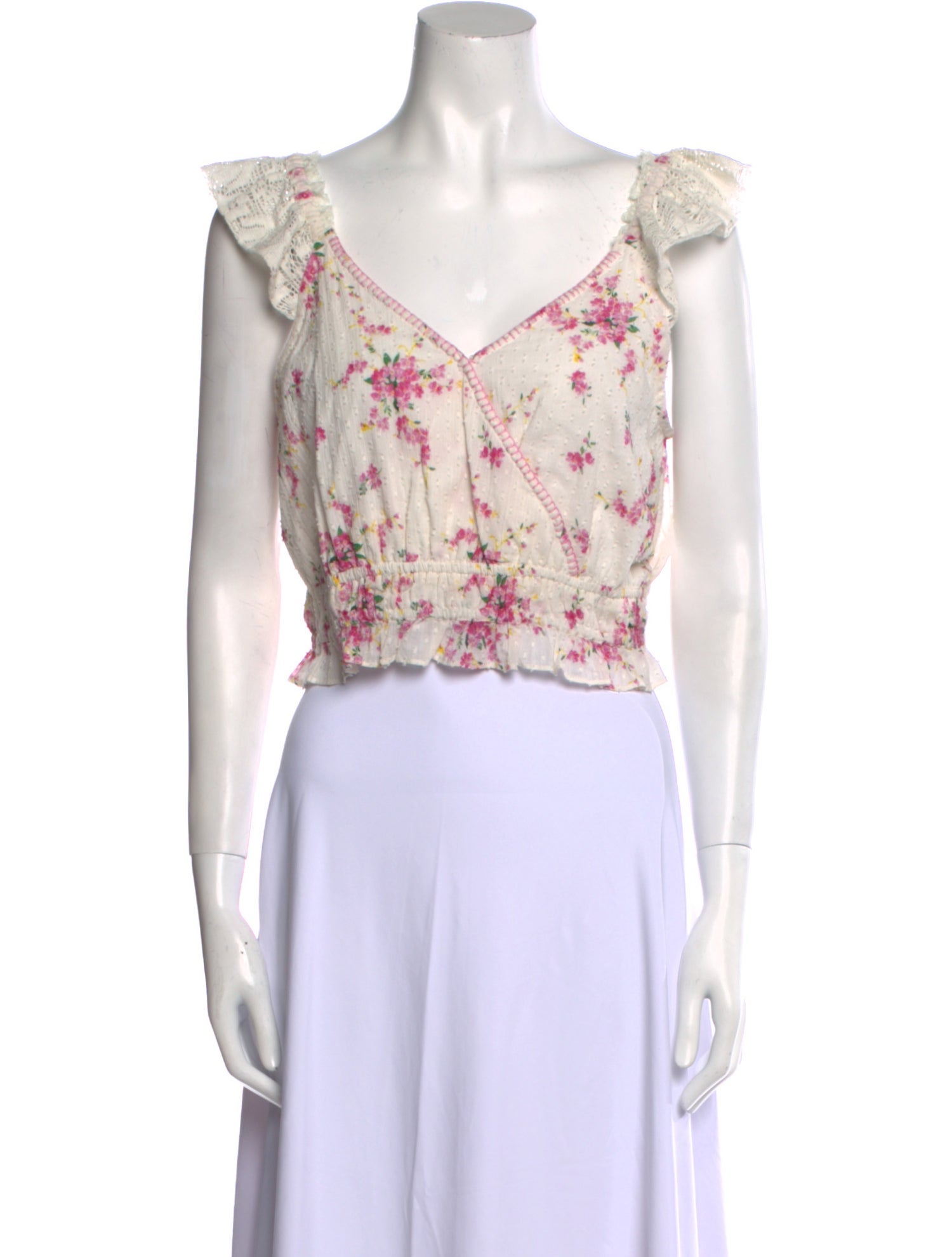 LoveShackFancy Floral Print V-Neck Crop Top - Neutrals Tops, Clothing ...