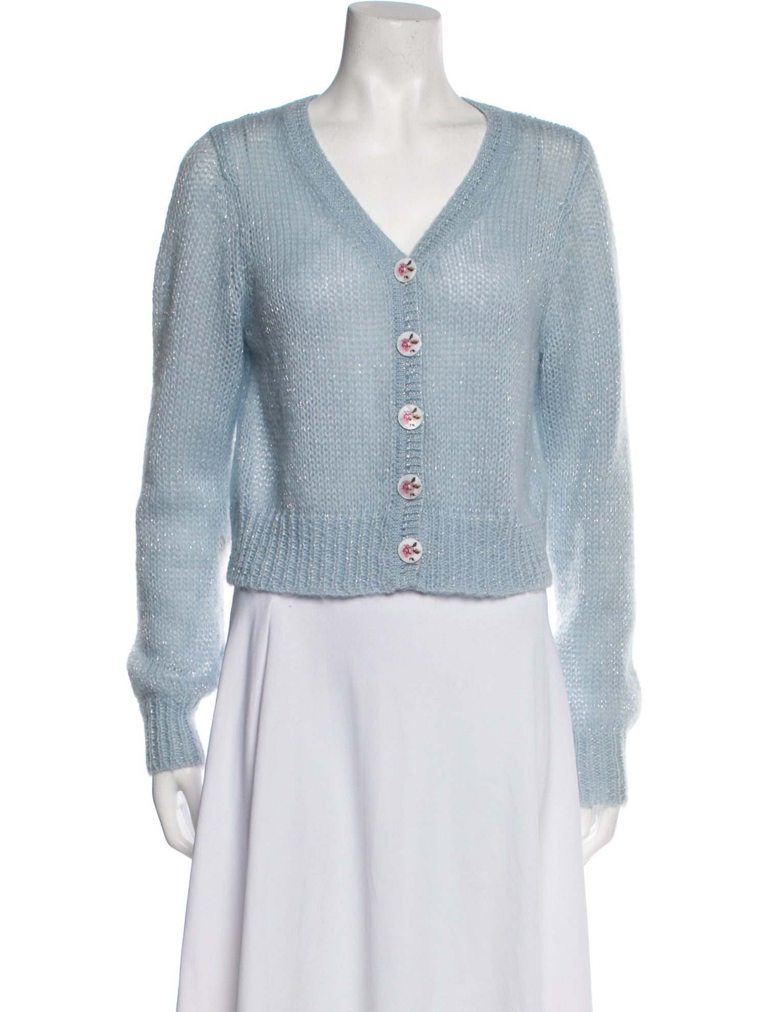 LoveShackFancy V-Neck Sweater - Blue Knitwear, Clothing - WLOSH91208 ...
