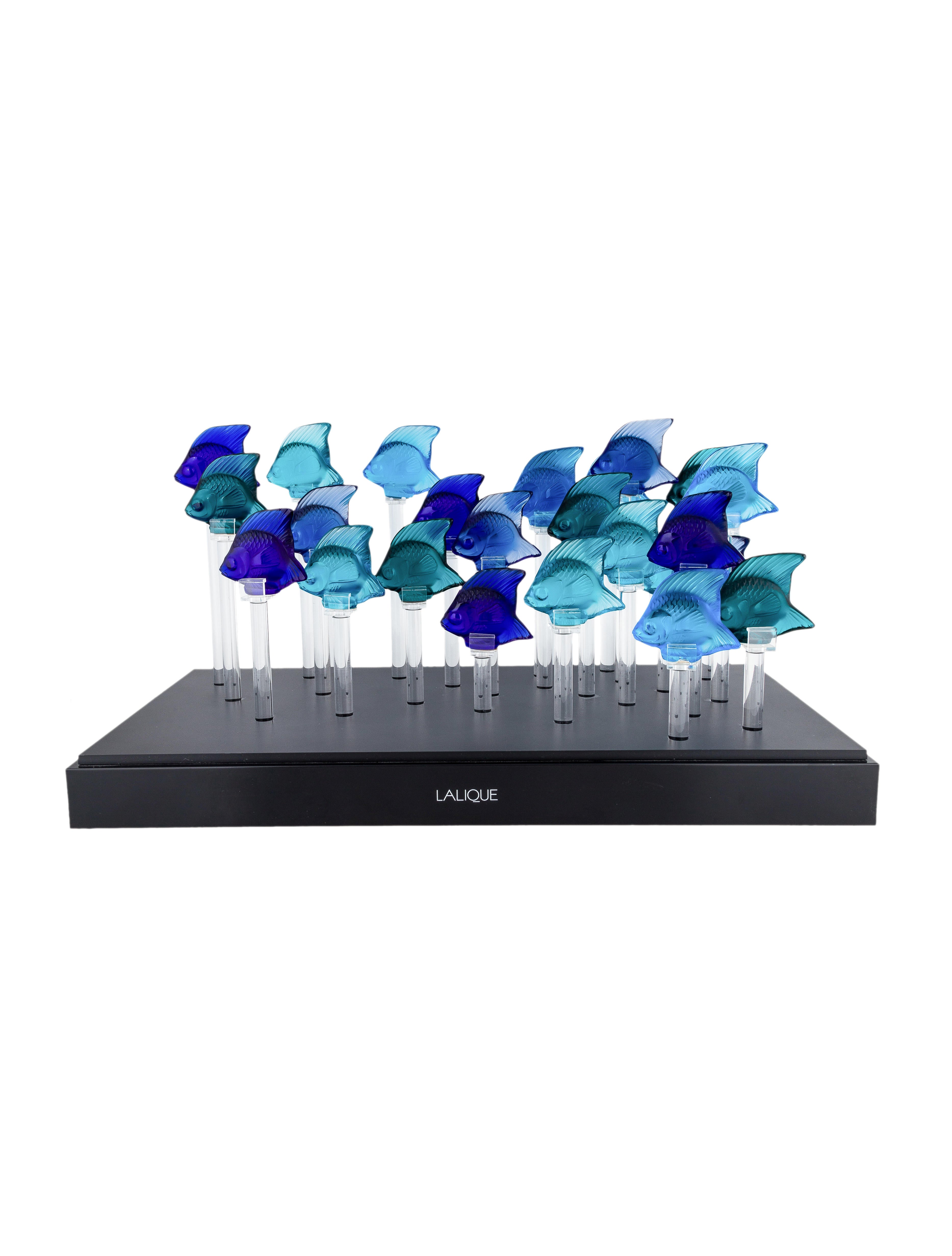 Lalique Crystal Fish Sculptures & Tank Display Case - Blue Decorative ...