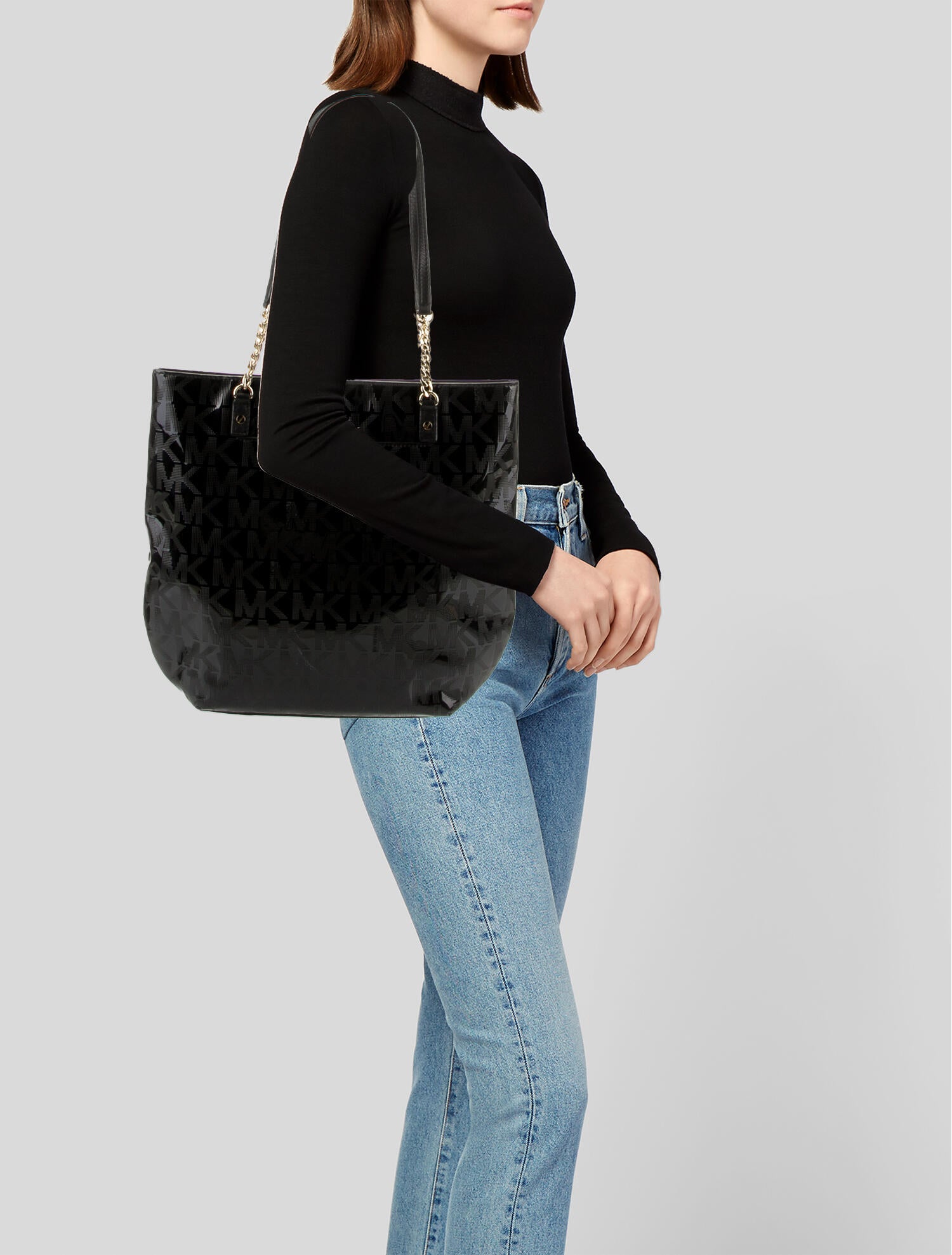 Michael Michael Kors Chain-Link Patent Leather Tote Bag - Black Totes ...