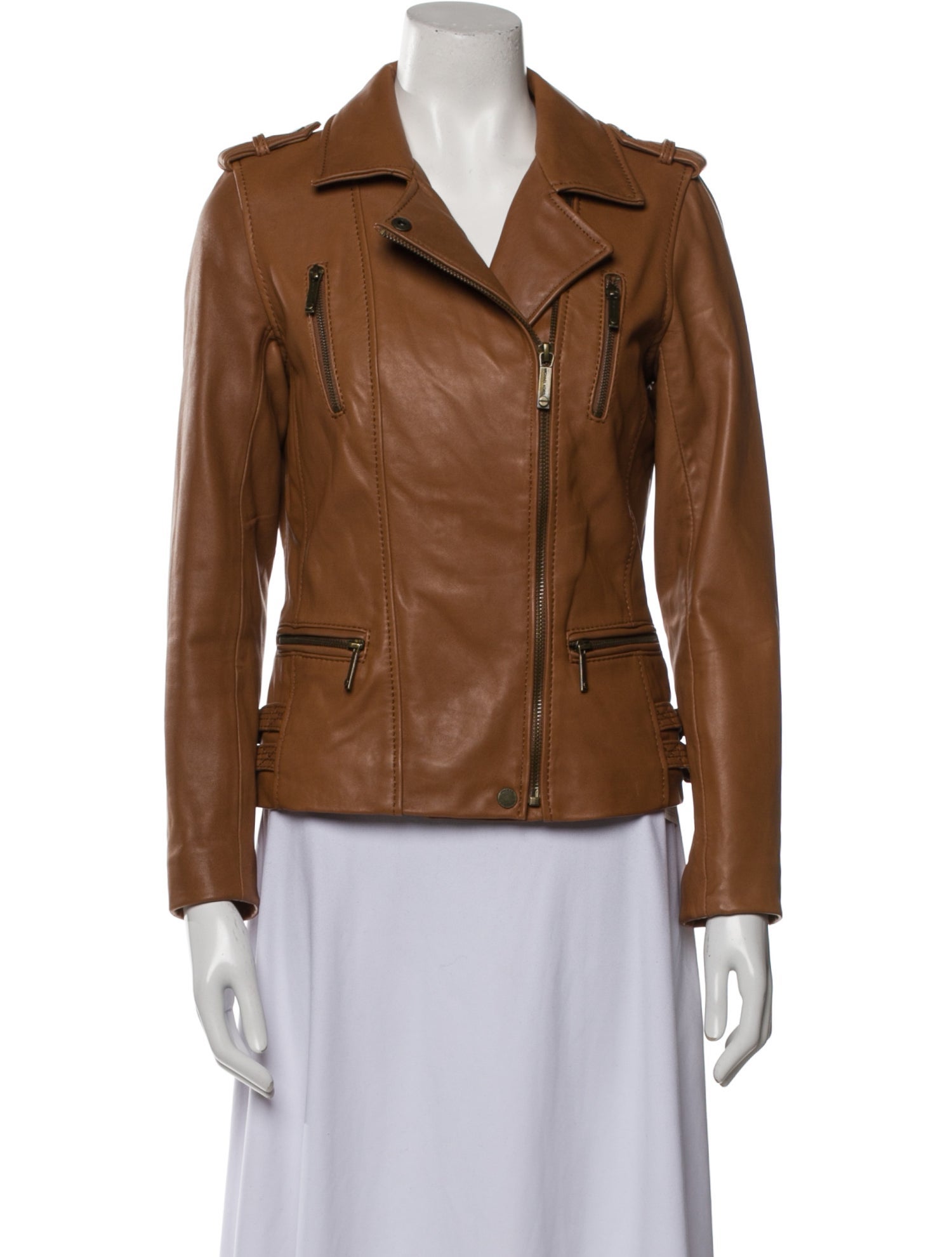 Michael Michael Kors Leather Biker Jacket - Brown Jackets, Clothing ...