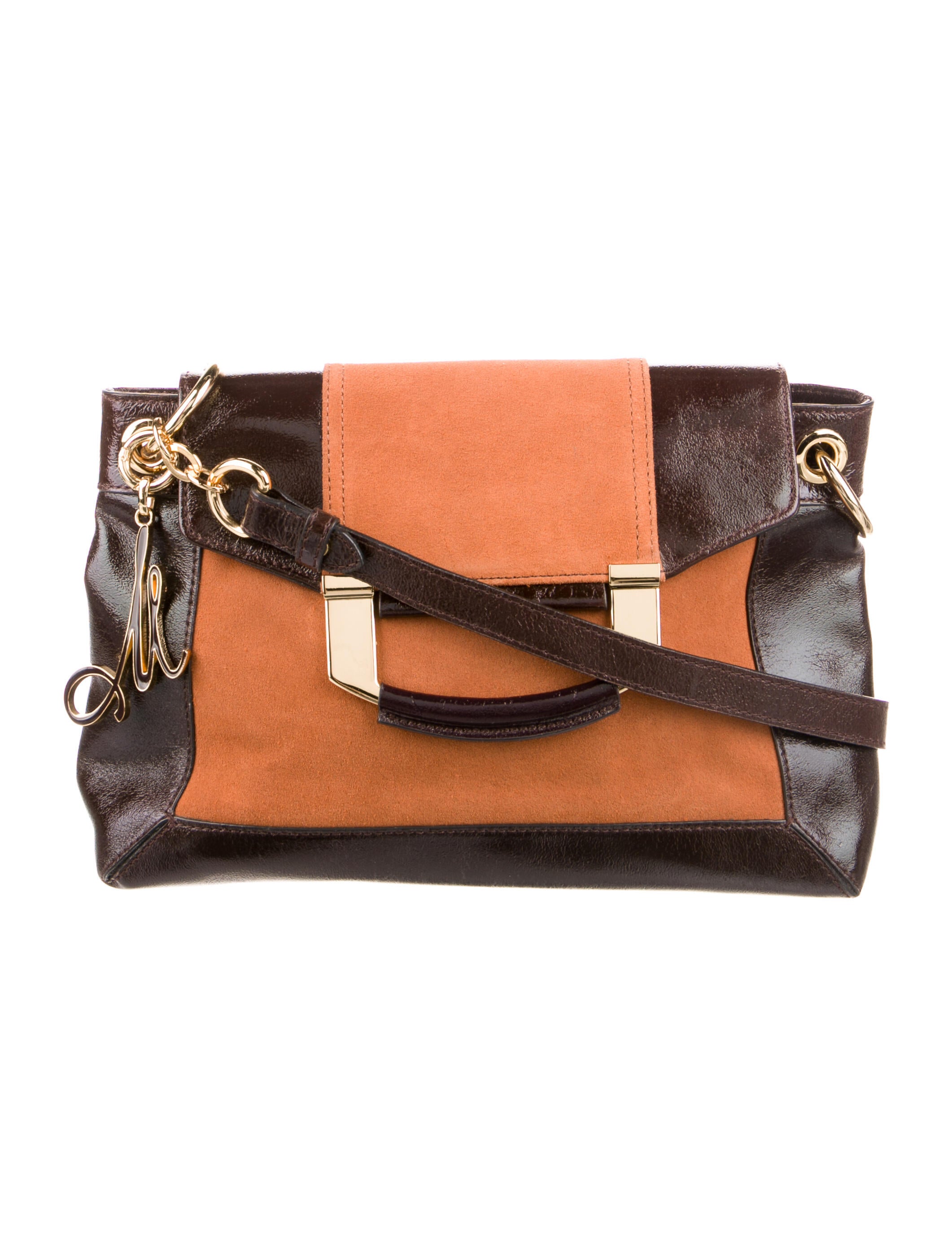 Milly Suede Patent Leather Trimmed Shoulder Bag - Brown Shoulder Bags ...