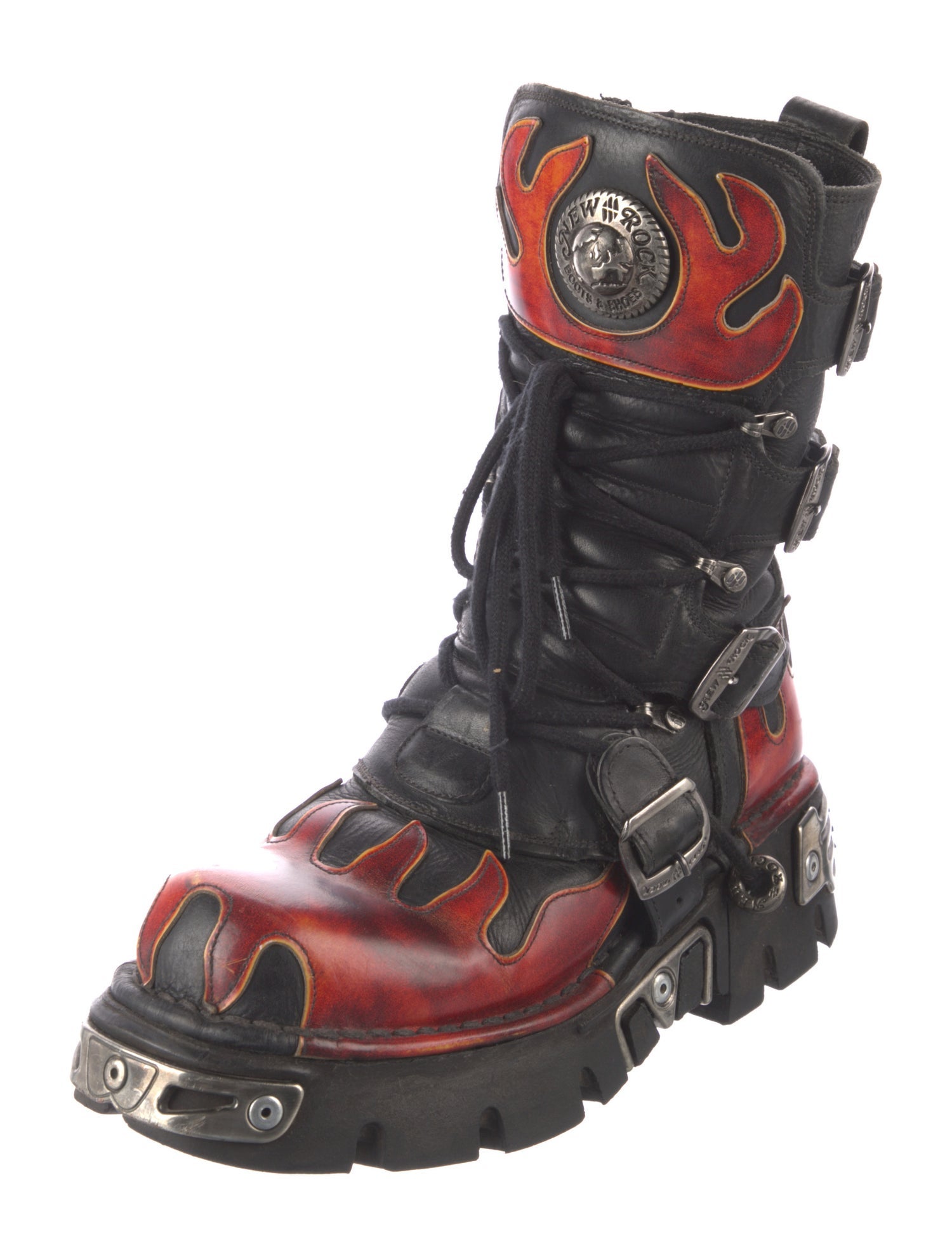 New Rock Leather Printed Combat Boots - Black Boots, Shoes - WNRCK20141 ...