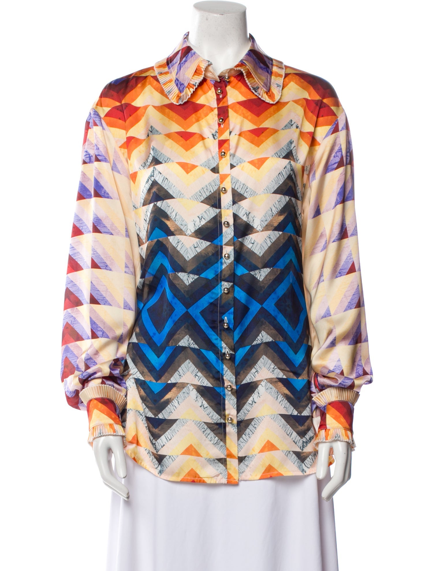 Paco Rabanne Printed Long Sleeve Button-Up Top - Blue Tops, Clothing ...
