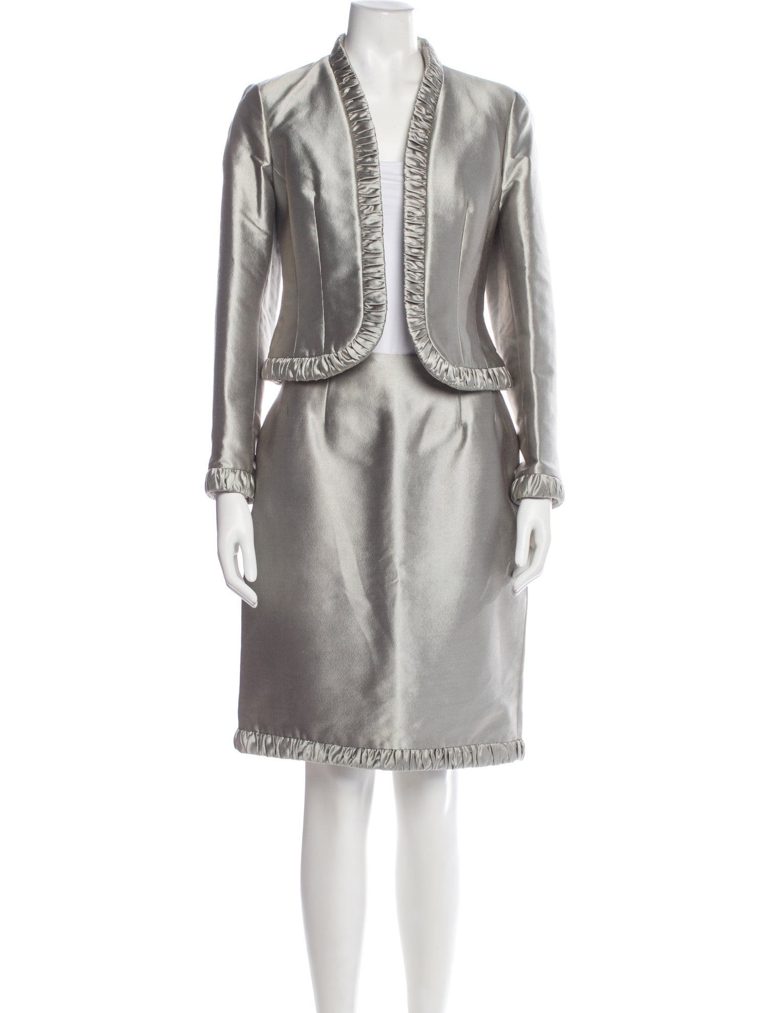 Teri Jon by Rickie Freeman Silk Printed Skirt Suit - Grey Suits and ...