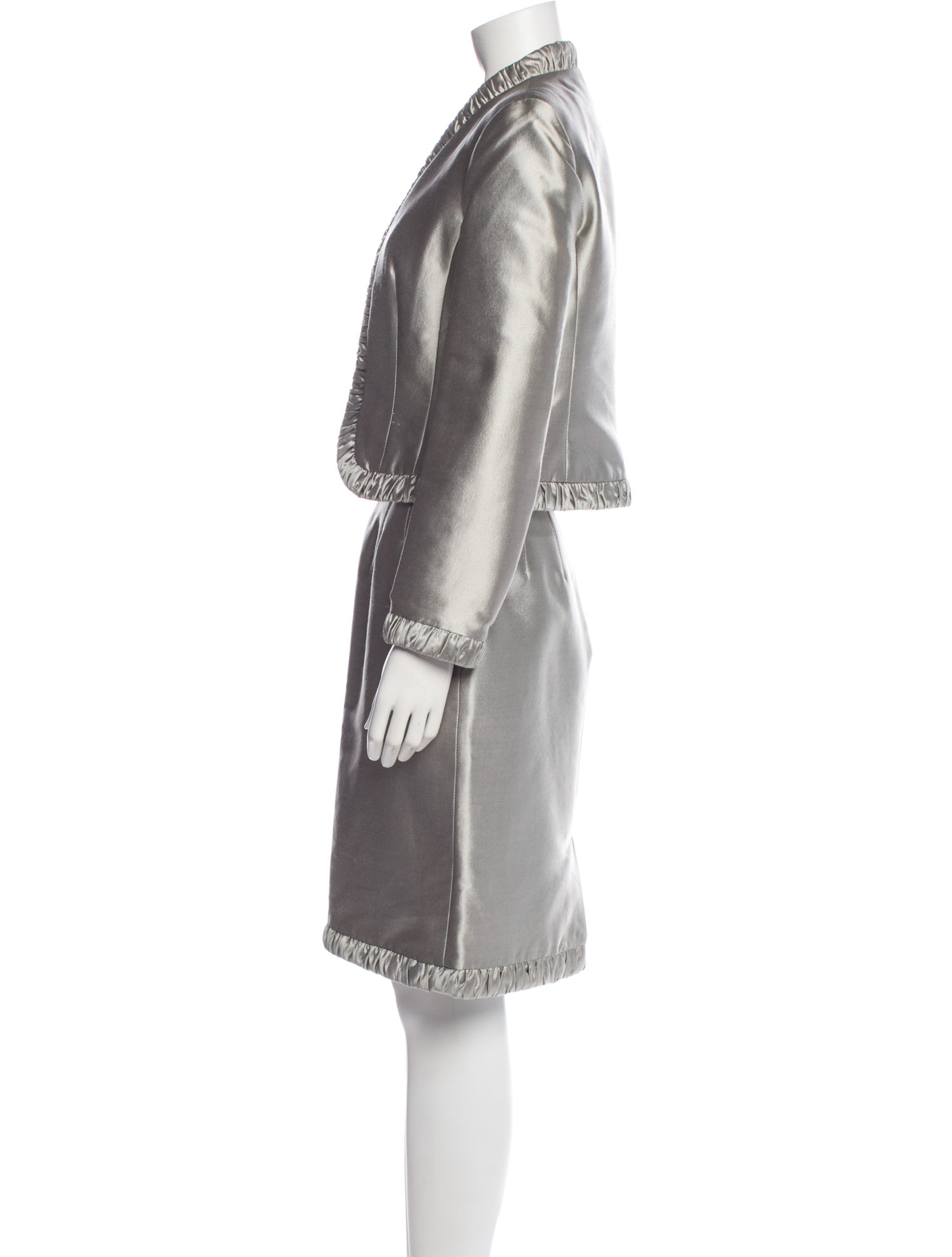 Teri Jon by Rickie Freeman Silk Printed Skirt Suit - Grey Suits and ...