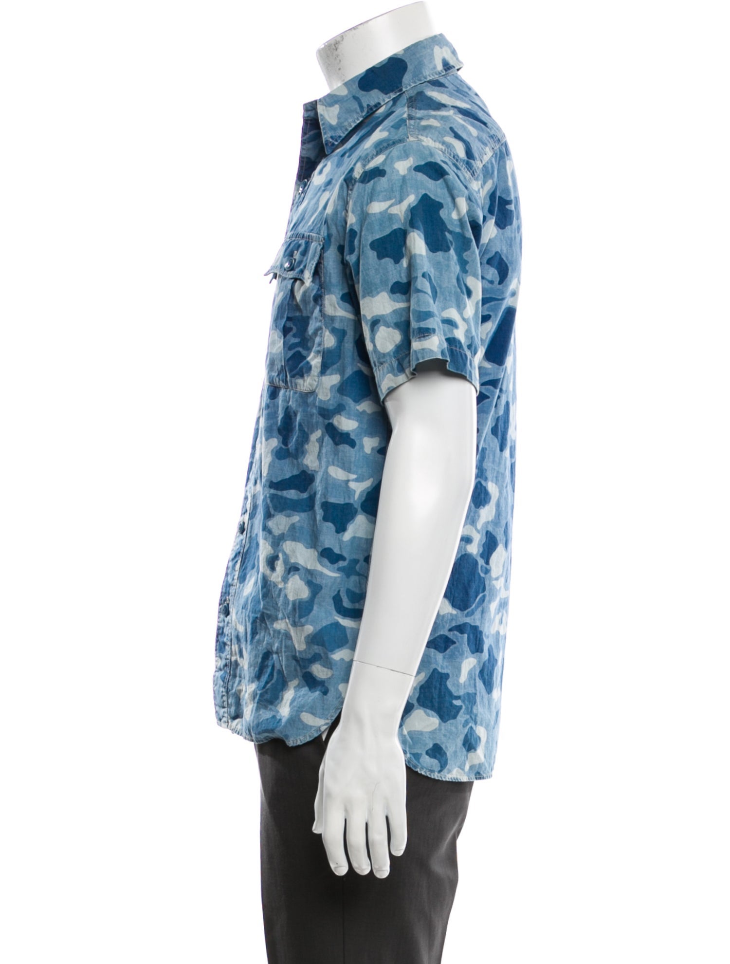 RRL & Co. Camouflage Print Short Sleeve Dress Shirt - Blue Casual ...