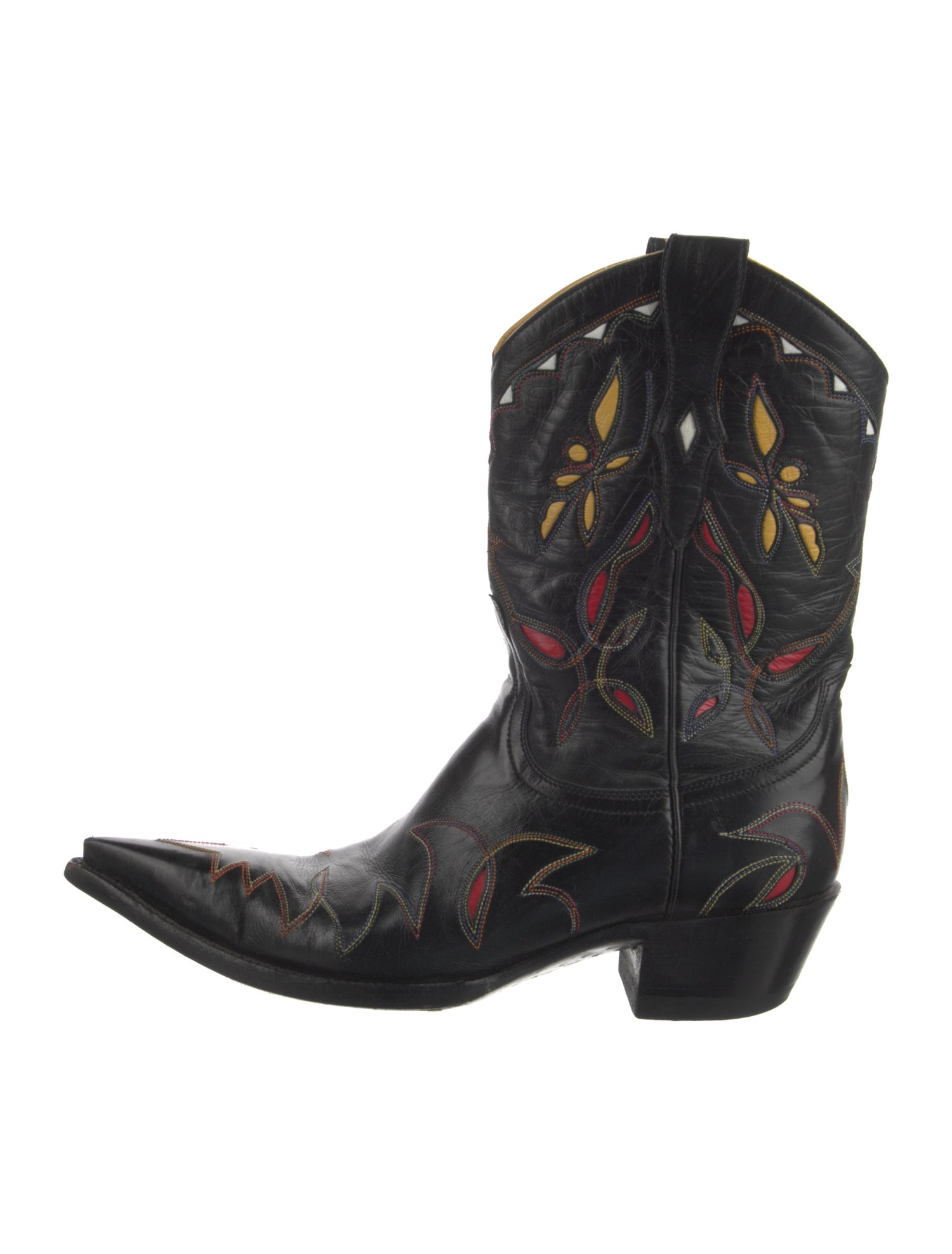 R. Soles Leather Floral Print Western Boots - Black Boots, Shoes ...