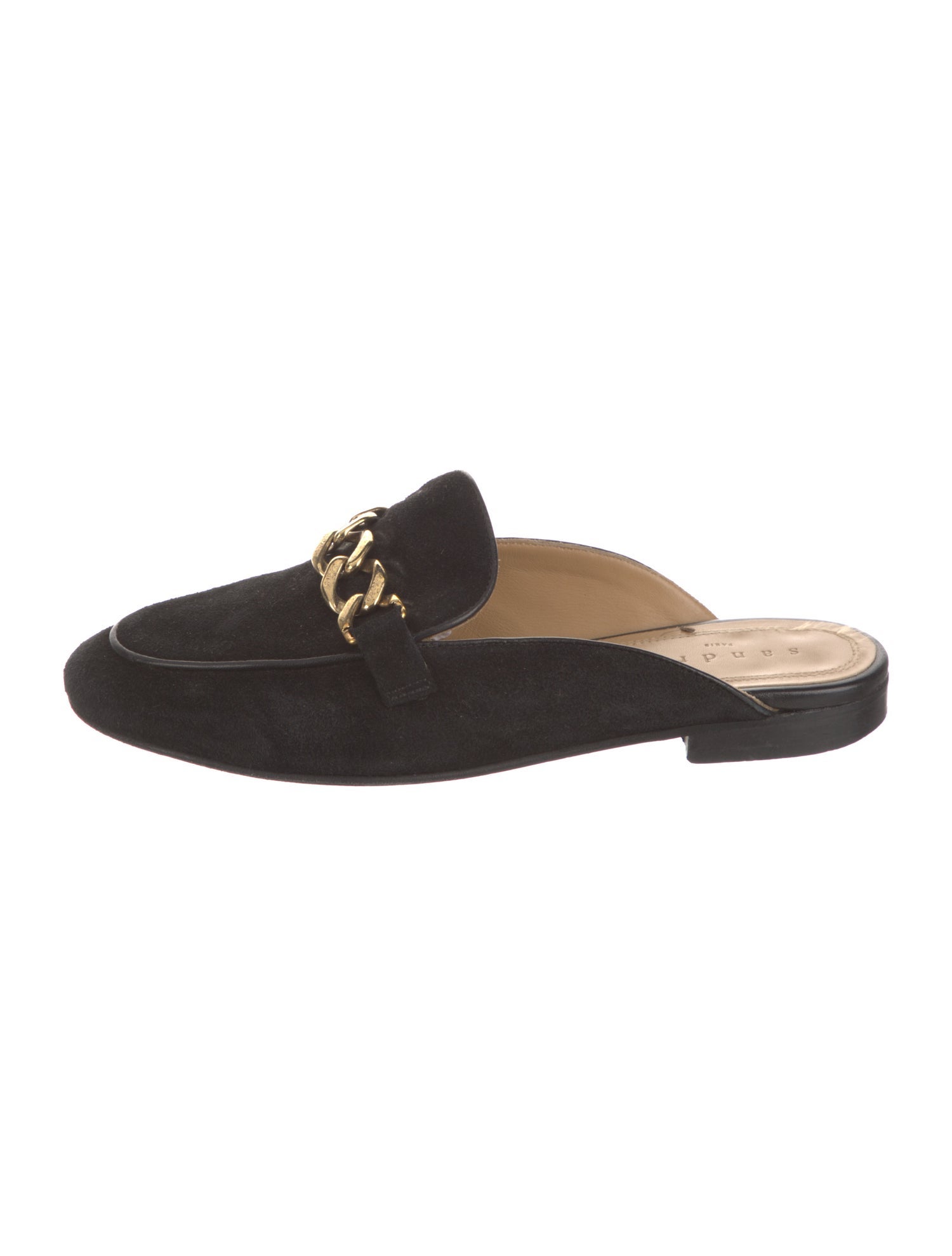 Sandro Suede Chain-Link Accents Mules - Black Flats, Shoes - WS2176574 ...