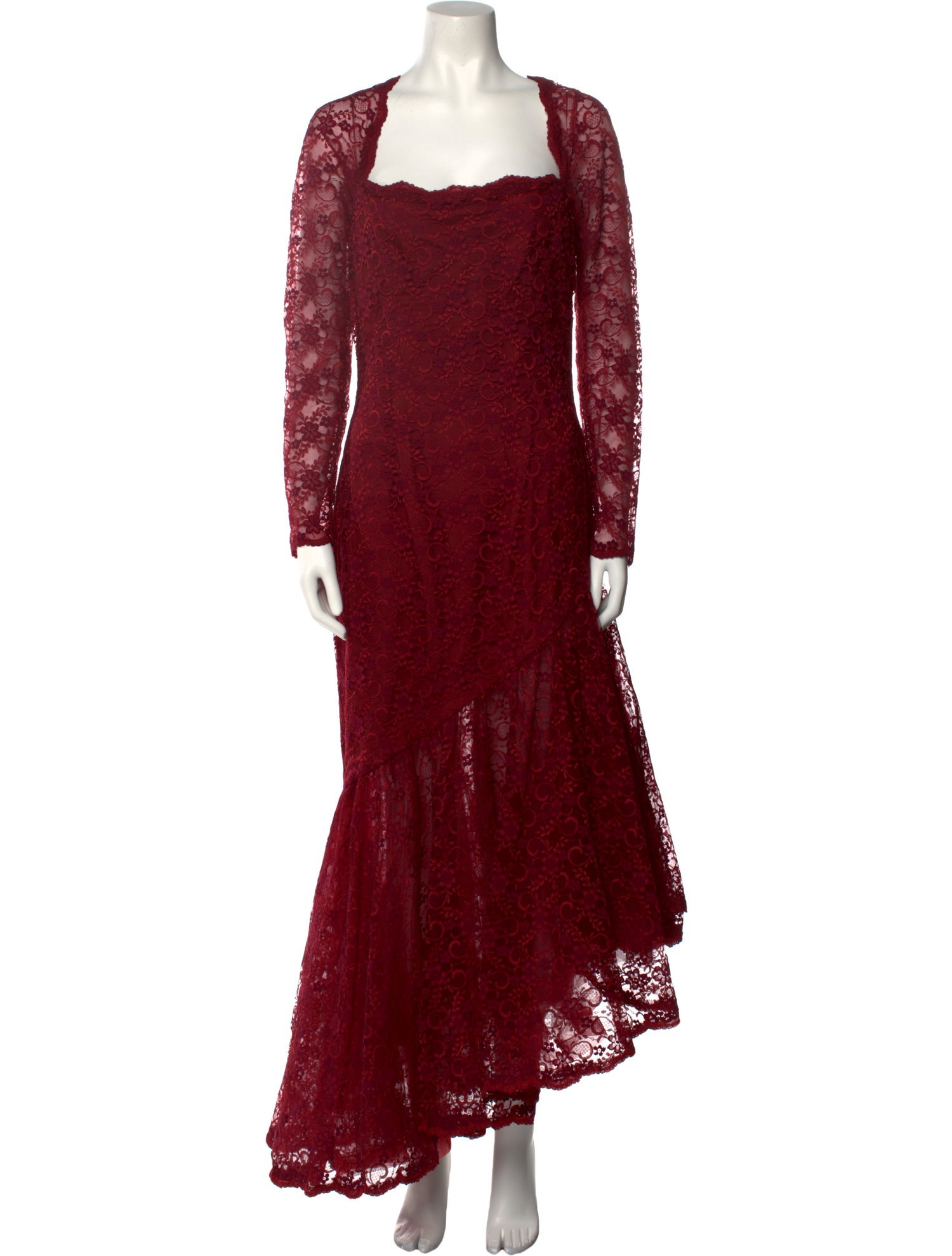 Scaasi Boutique Lace Pattern Long Dress - Burgundy Dresses, Clothing ...