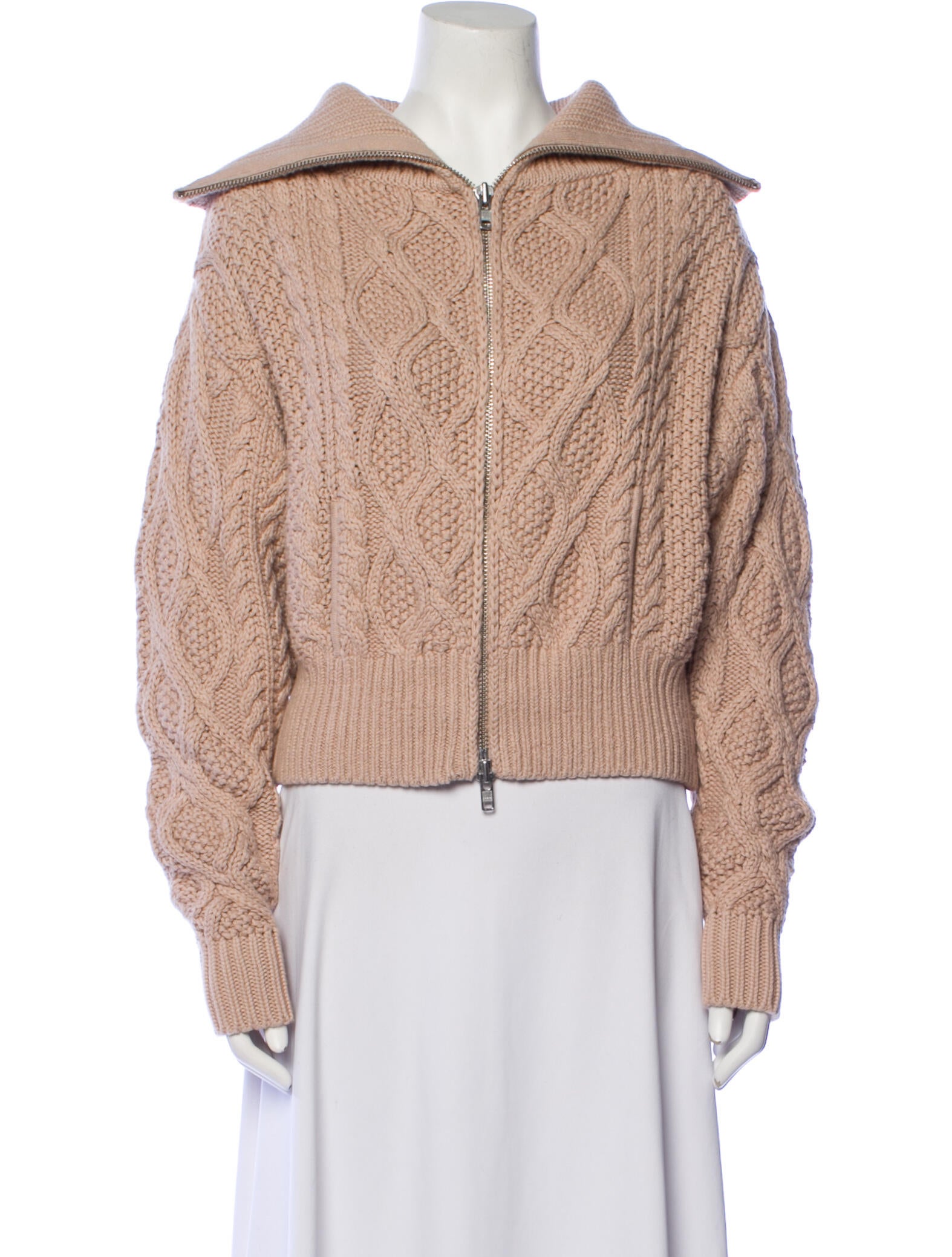 Self-Portrait Cable-knit Zip-fastening Cardigan Mock Neck Sweater w ...