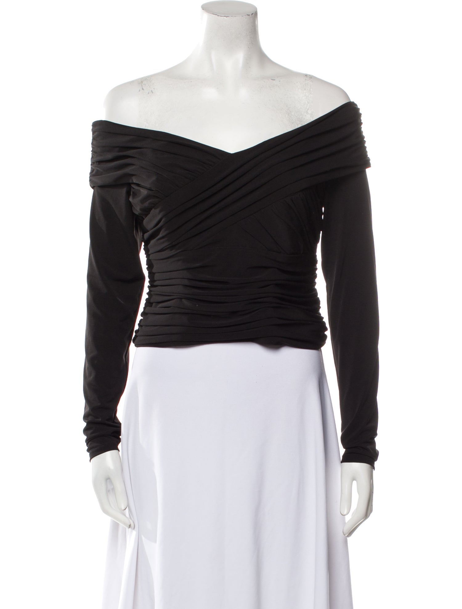 Self-Portrait Off-The-Shoulder Long Sleeve Crop Top - Black Tops ...