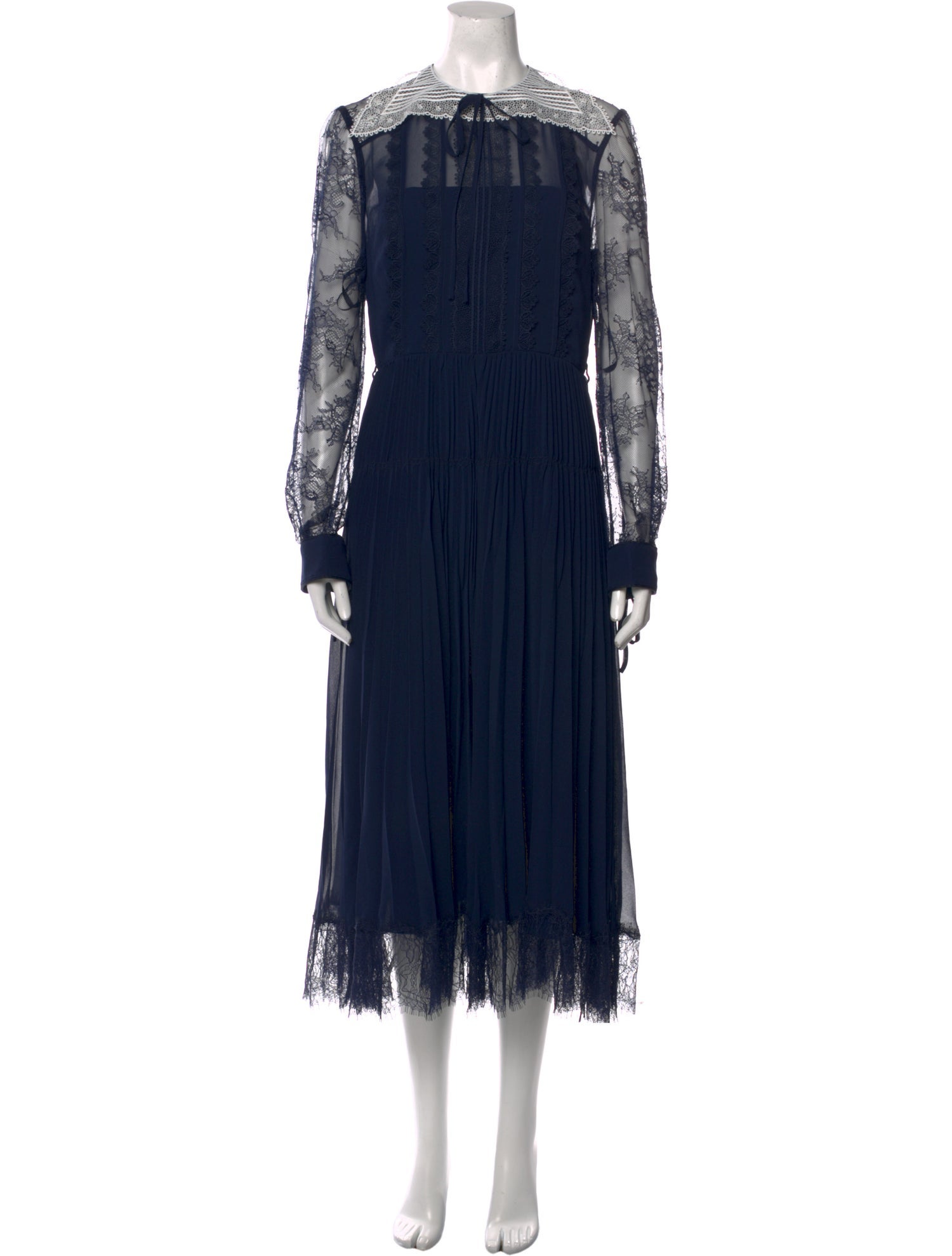 Self-Portrait Navy Lace Trim Midi Dress Long Dress - Blue Dresses ...