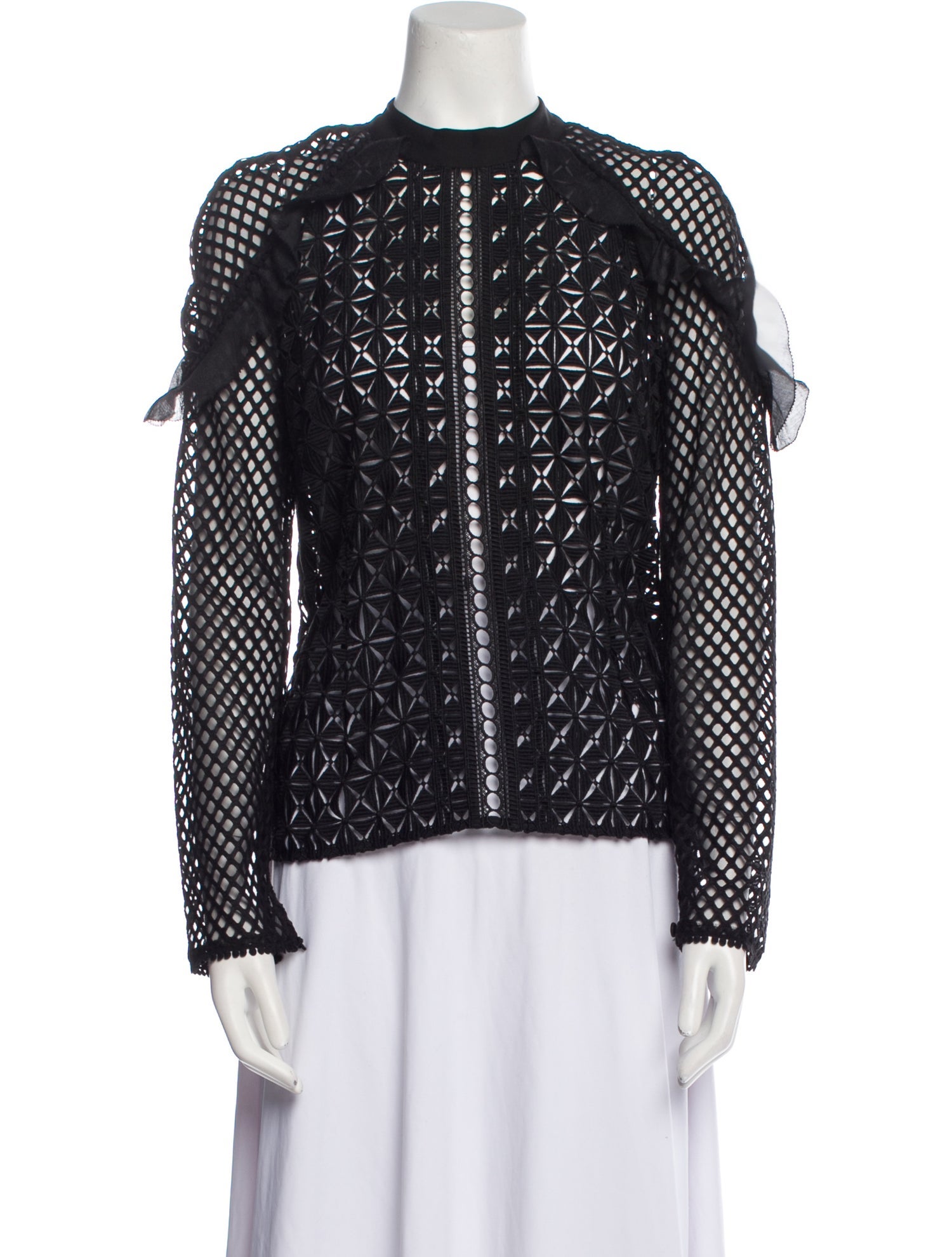 Self-Portrait Lace Pattern Mock Neck Blouse - Black Tops, Clothing ...