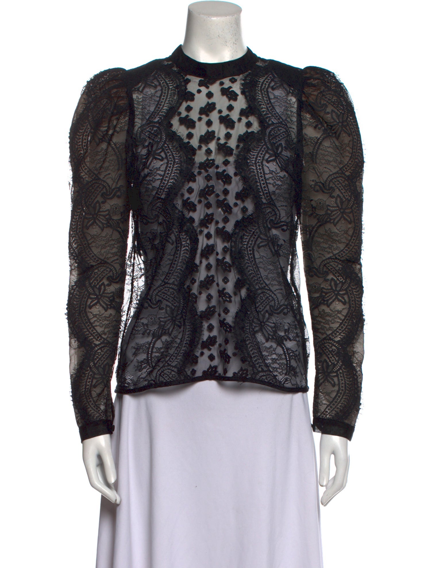 Self-Portrait Lace Pattern Mock Neck Blouse - Black Tops, Clothing ...