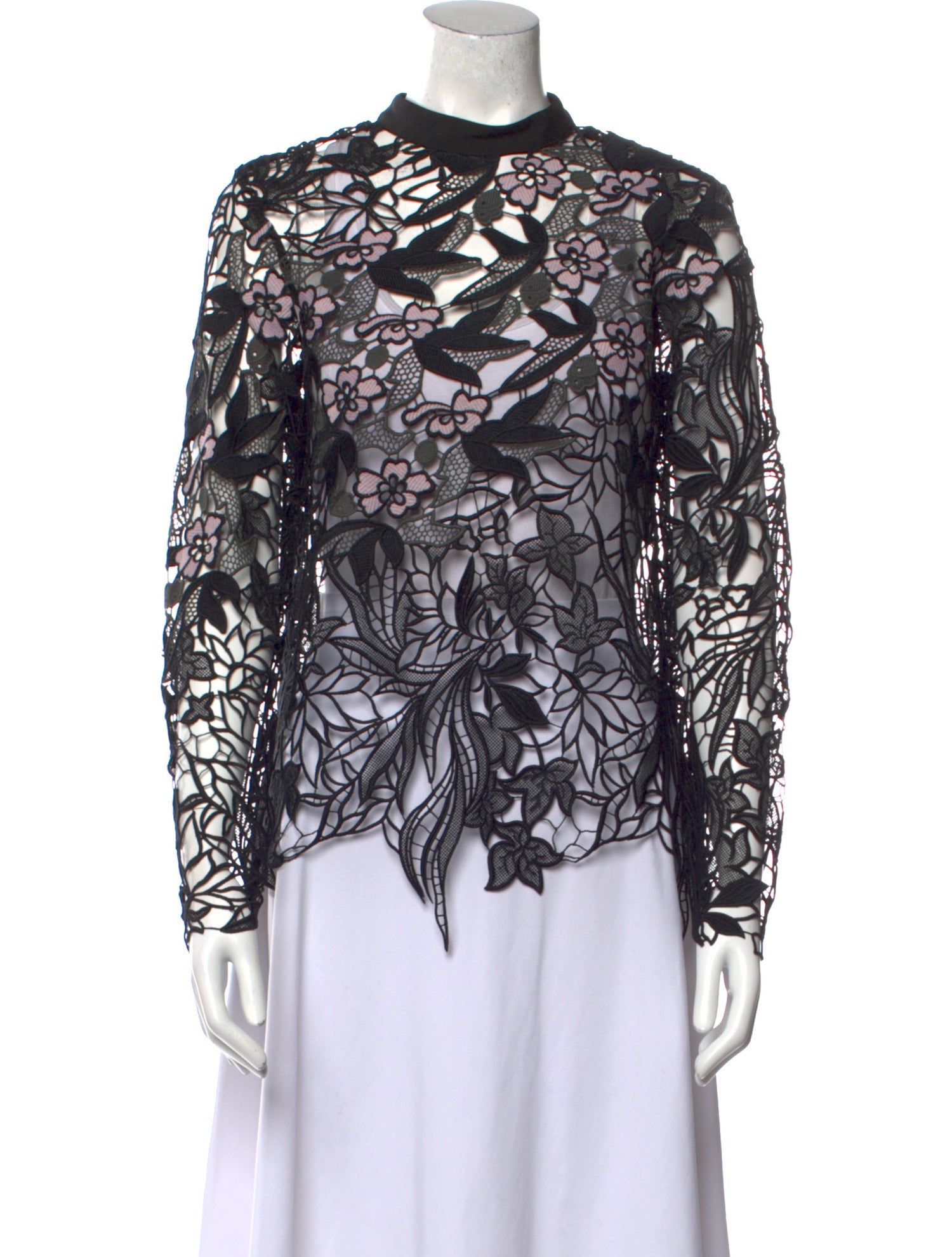 Self-Portrait Lace Pattern Mock Neck Blouse - Black Tops, Clothing ...