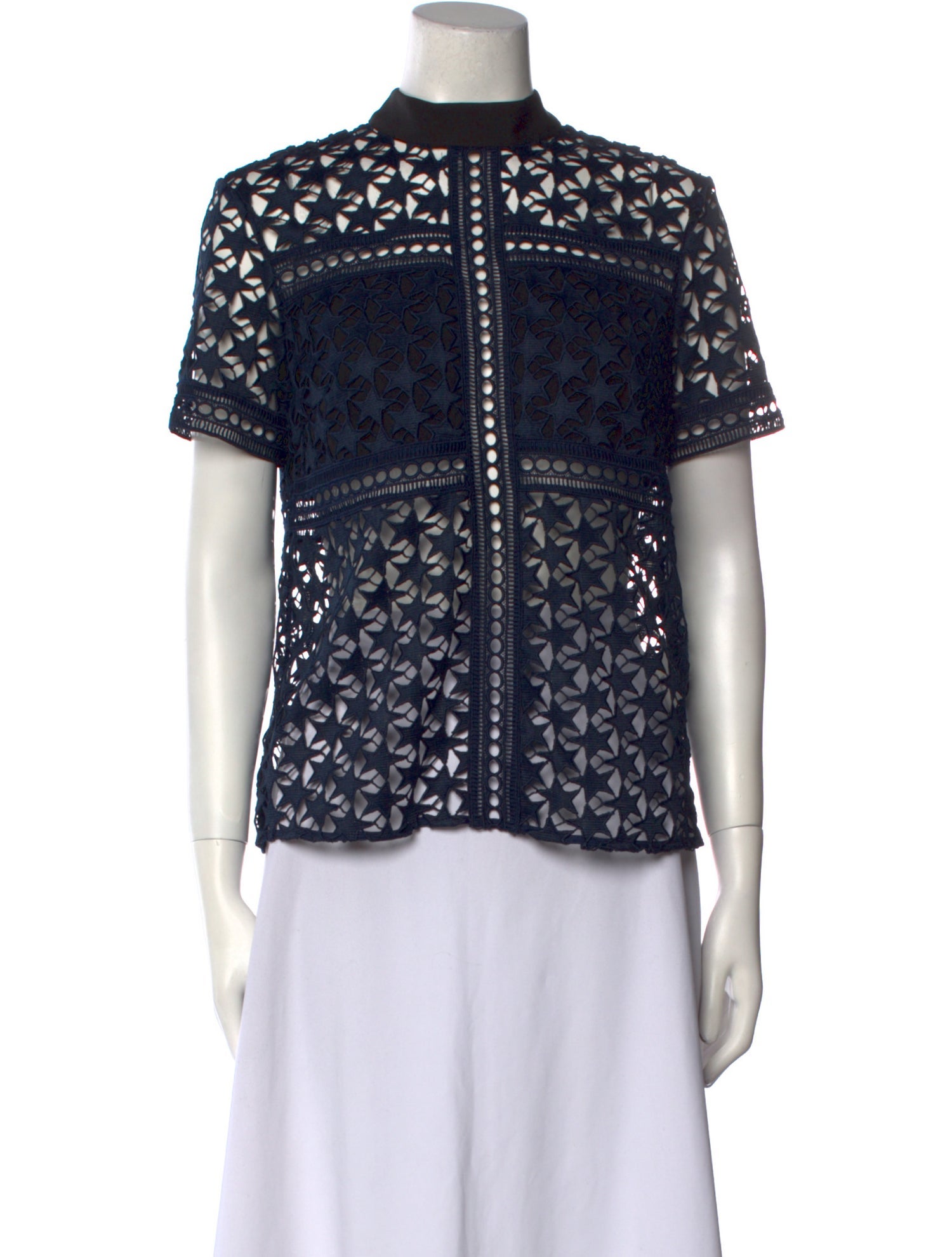 Self-Portrait Lace Pattern Mock Neck Blouse - Black Tops, Clothing ...