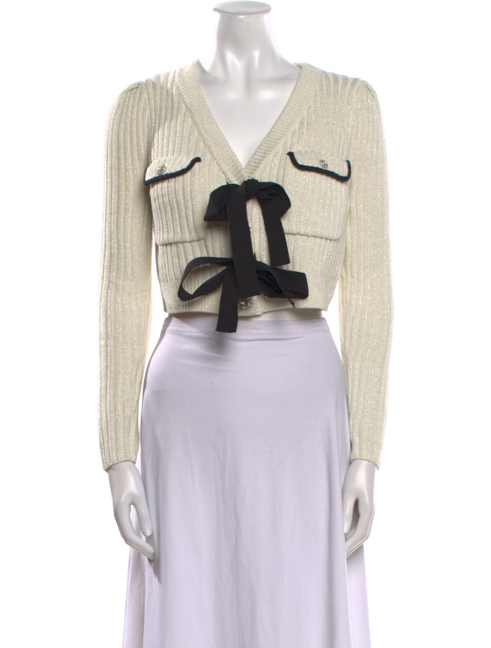 Self-Portrait Cropped Sweater Black & Neutrals Bow Ac… - Gem