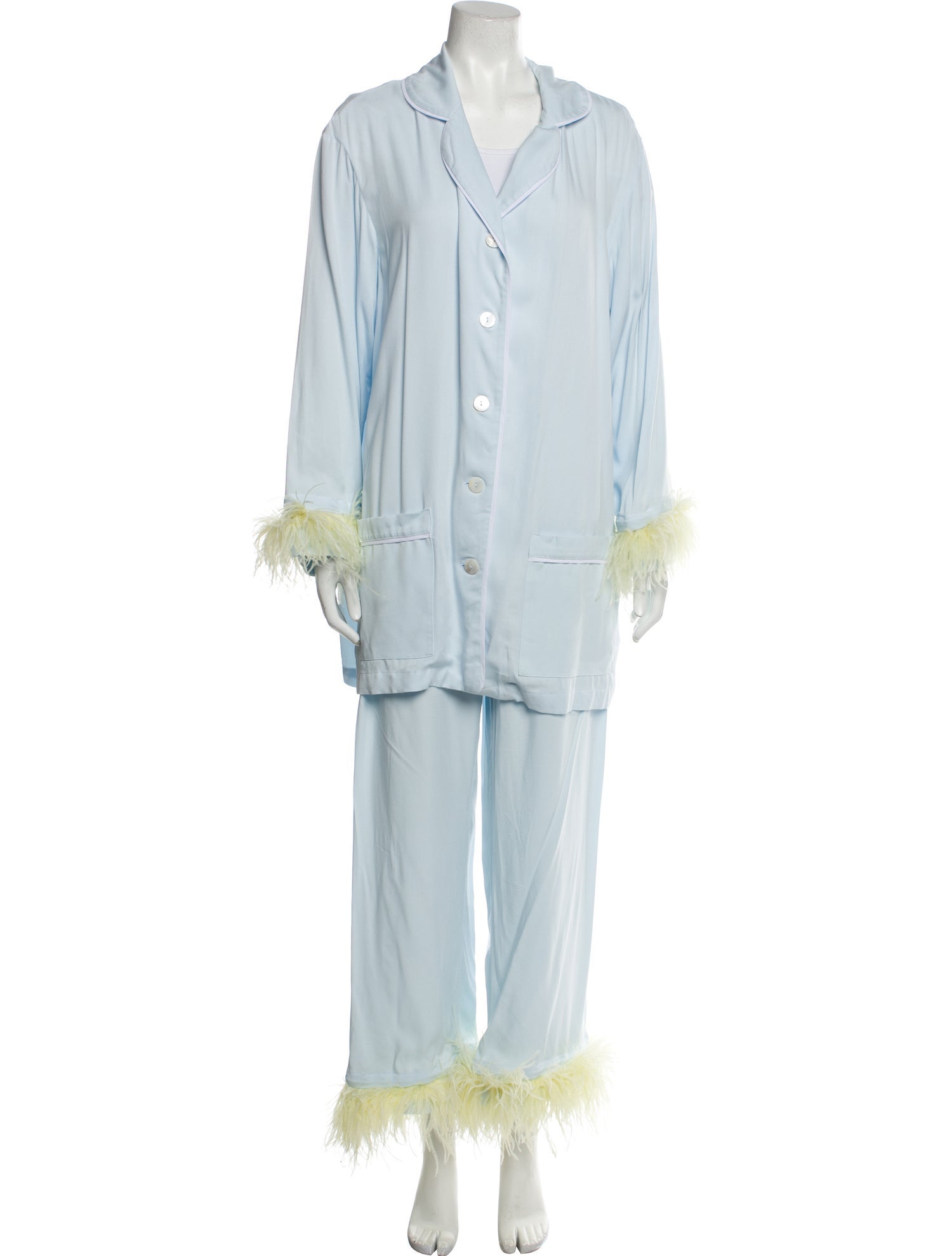 Sleeper Feather Trim Pajamas - Blue Loungewear, Clothing - WSLPR28926 ...