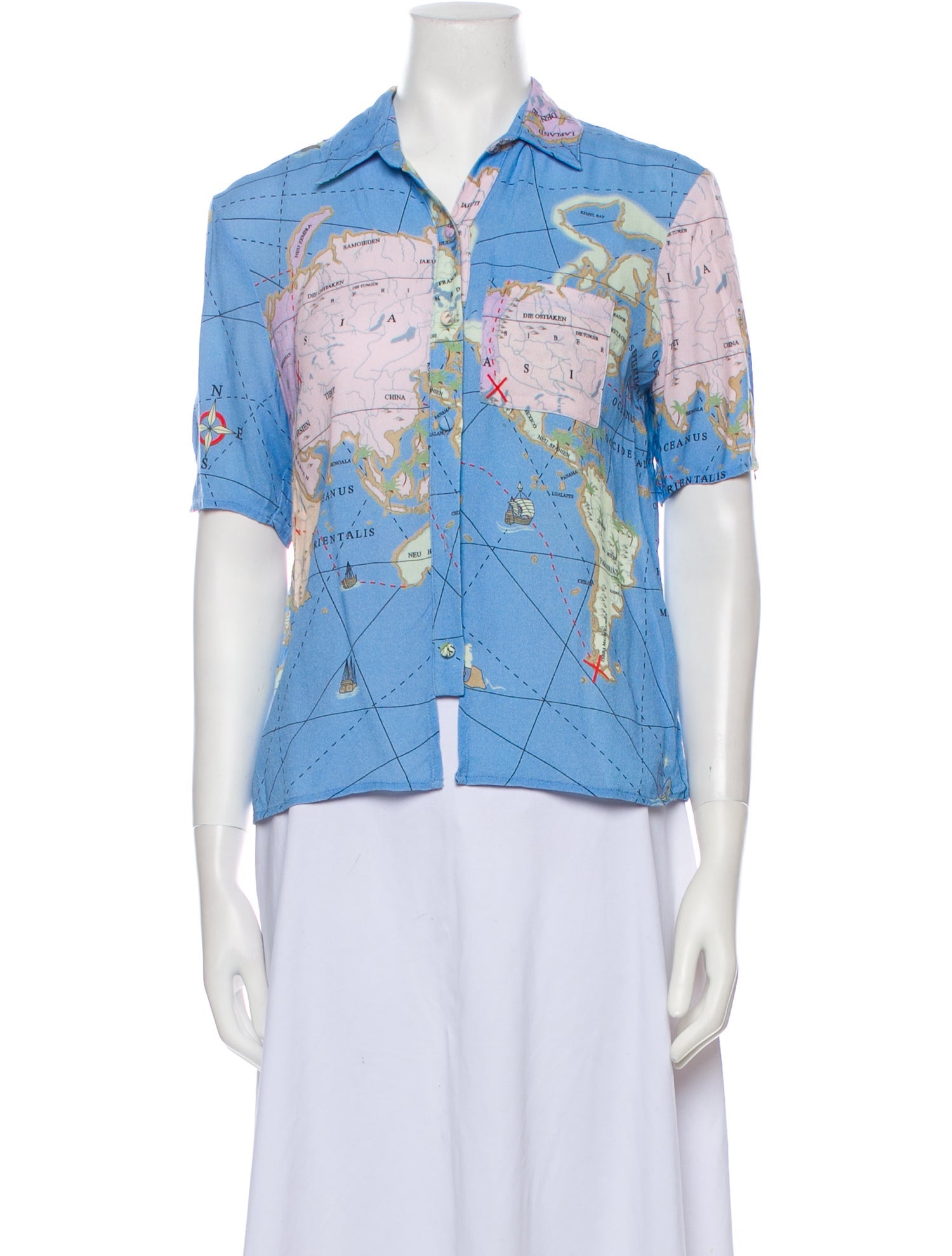 Staud Printed Short Sleeve Button-Up Top - Blue Tops, Clothing ...