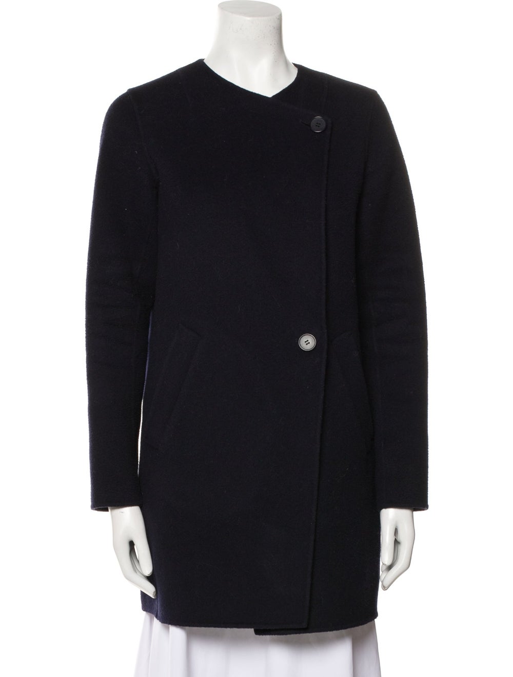 Theory Wool Coat Blue Collarless Short Slit Pockets & - Gem