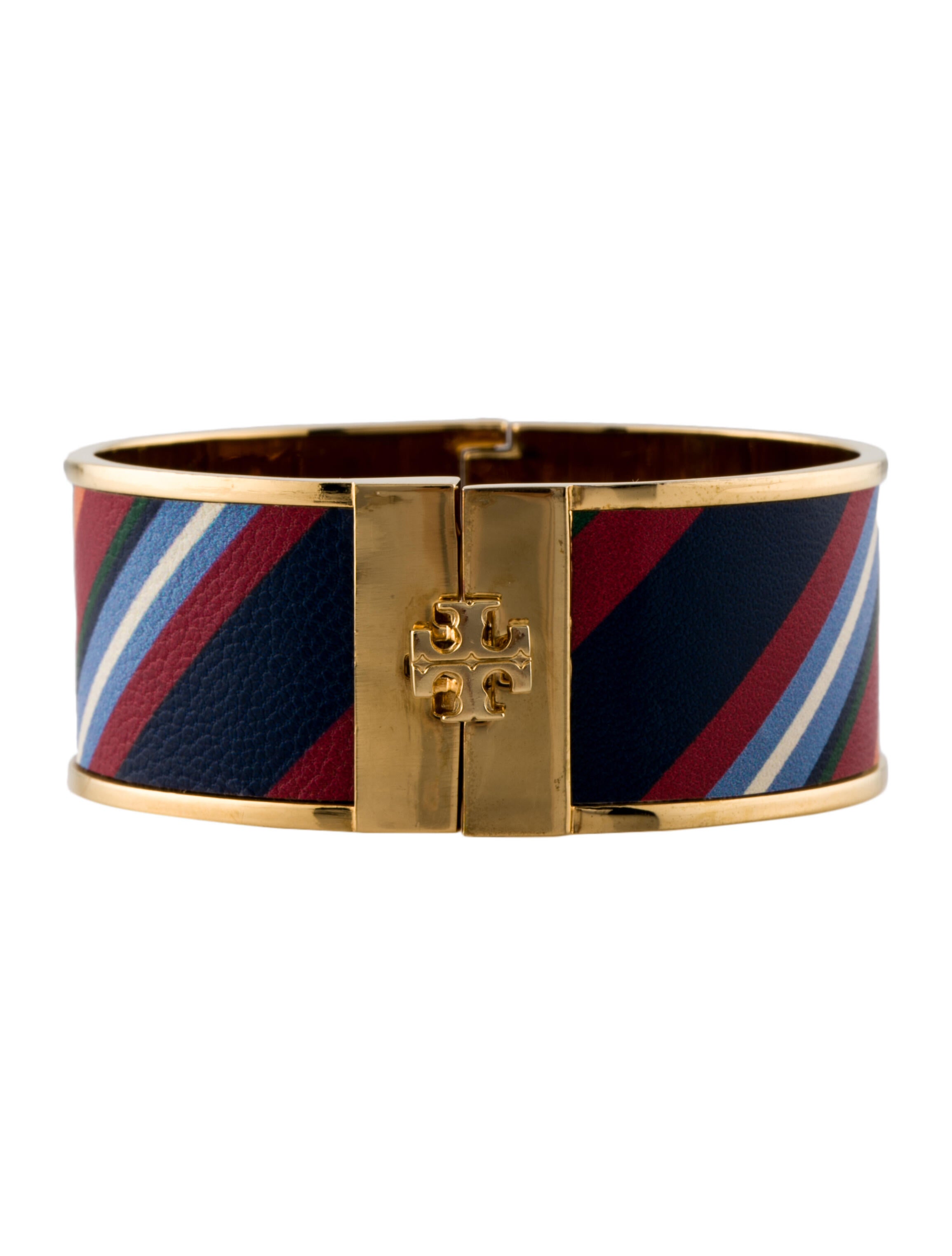 Tory Burch Leather Inlay Hinged Bangle - Black, Gold-Tone Metal Bangle ...