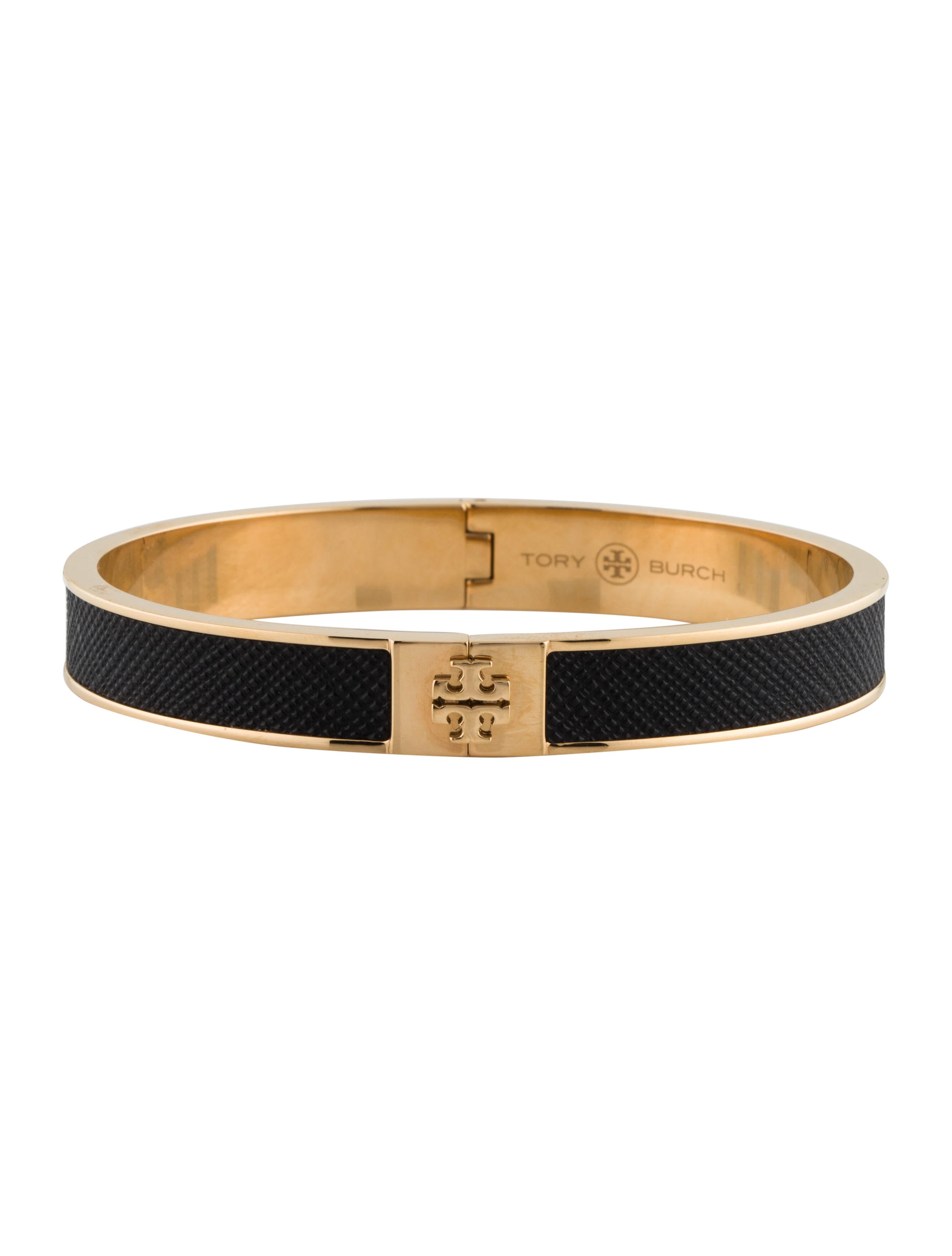 Tory Burch Leather Inlay Kira Hinged Bangle - Black, 18K Yellow Gold ...