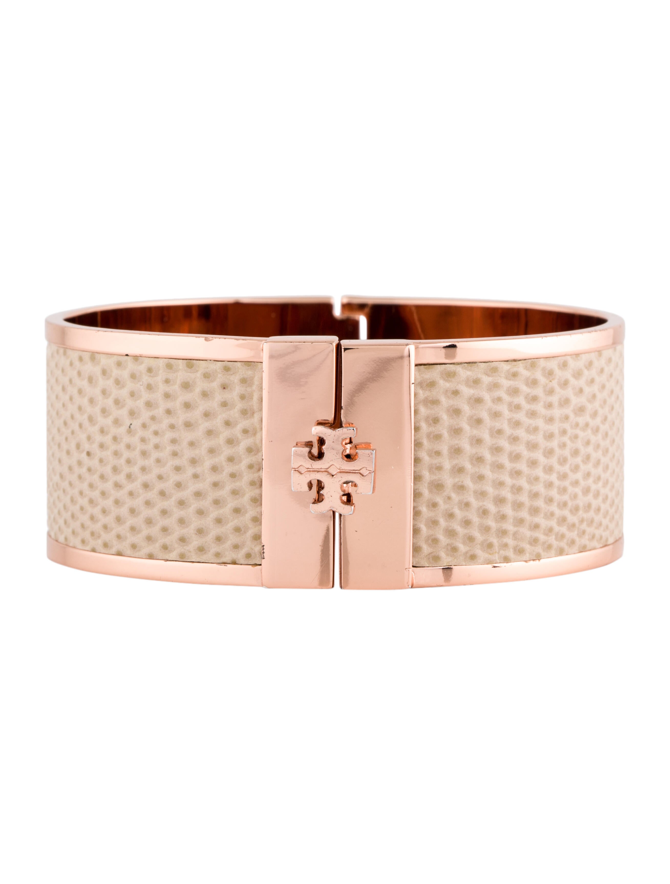 Tory Burch Leather Inlay Hinged Bangle Bracelet - Neutrals, Rose Gold ...