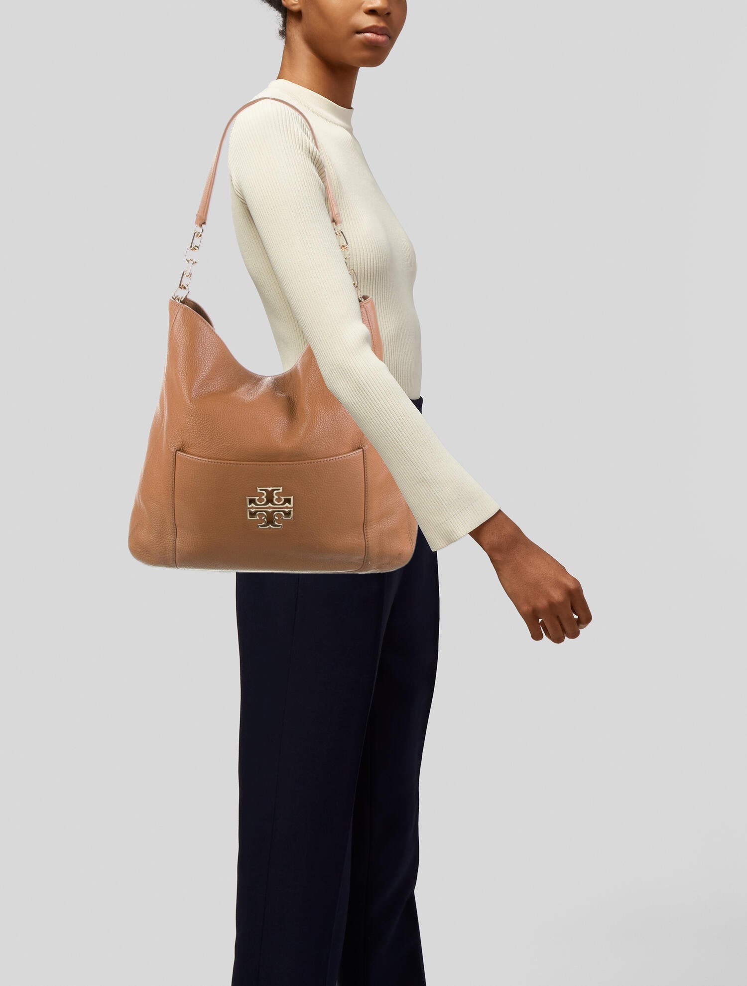 Tory Burch Grained Leather Hobo - Brown Hobos, Handbags - WTO135344 ...