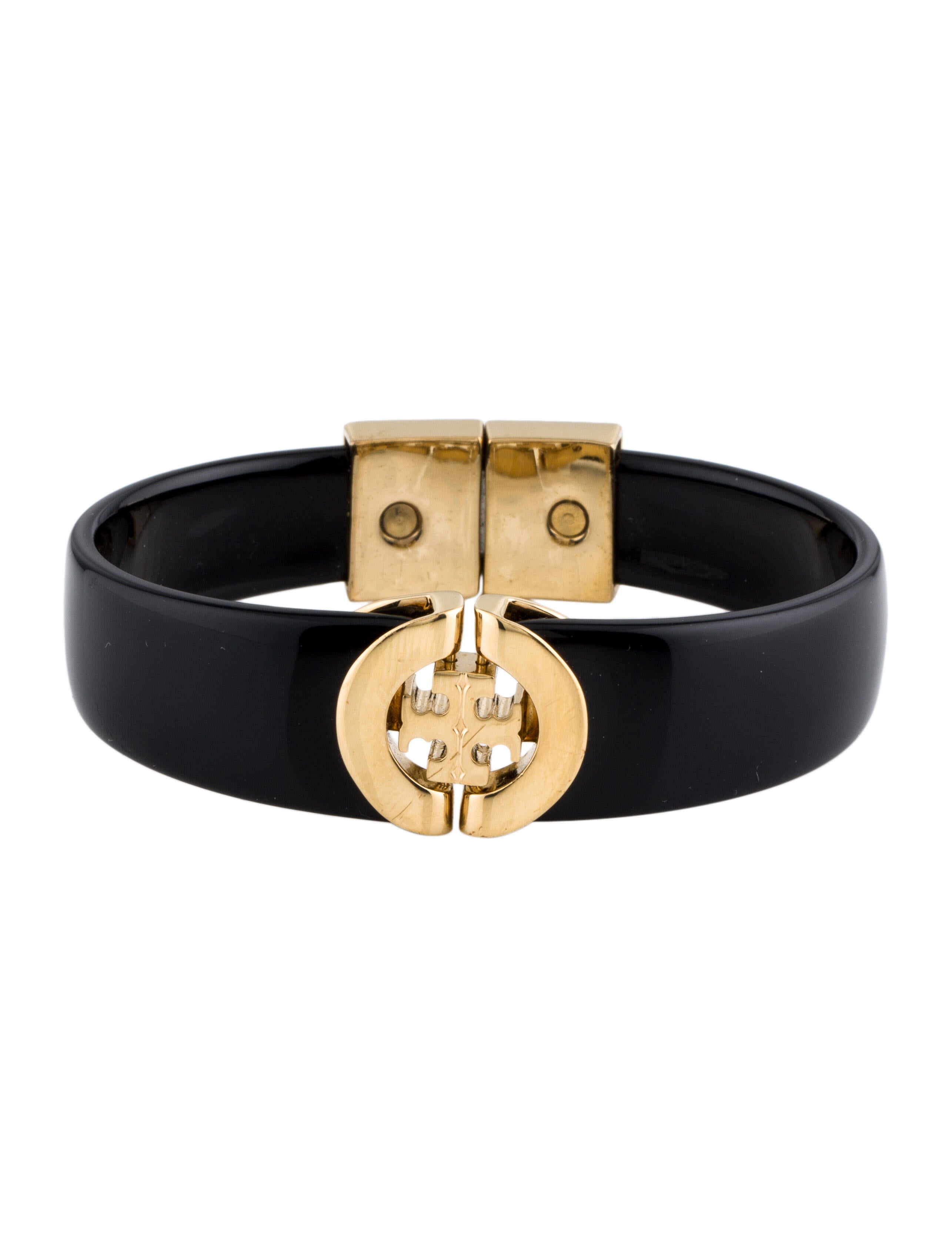 Tory Burch Enamel Logo Hinged Bangle - Black, 16K Gold-Plated Bangle ...