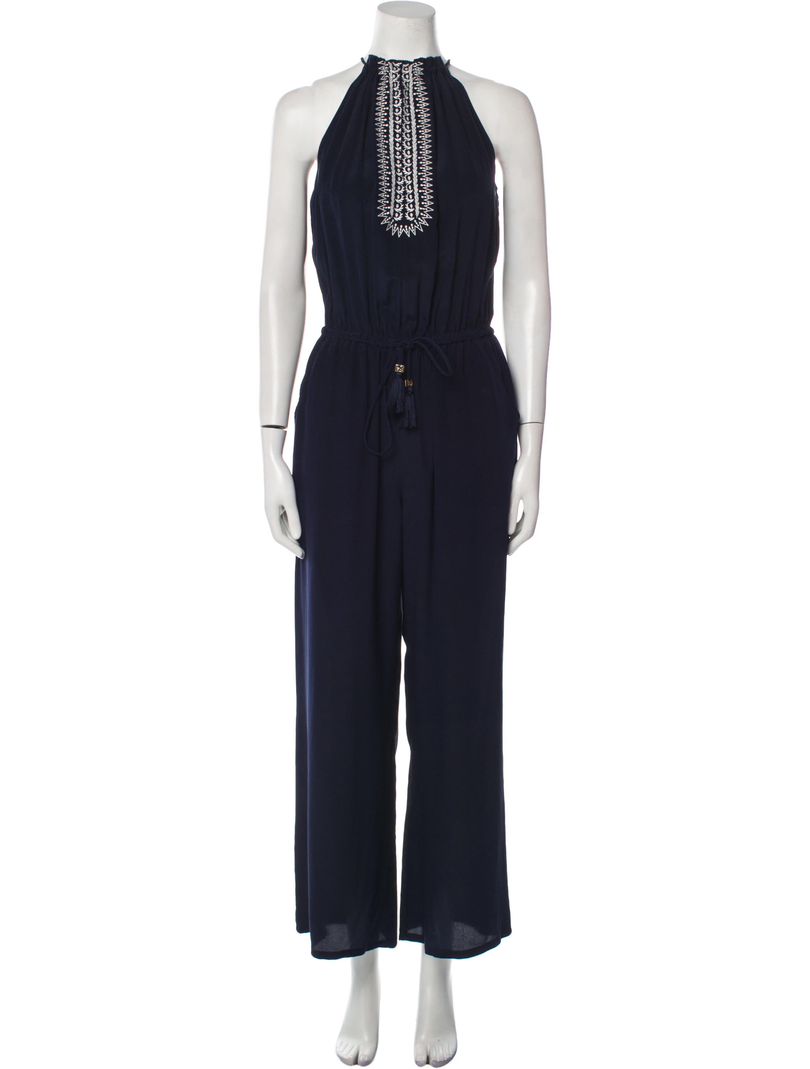 Tory Burch Silk Halterneck Jumpsuit - Blue, 12.5" Rise Jumpsuits and ...