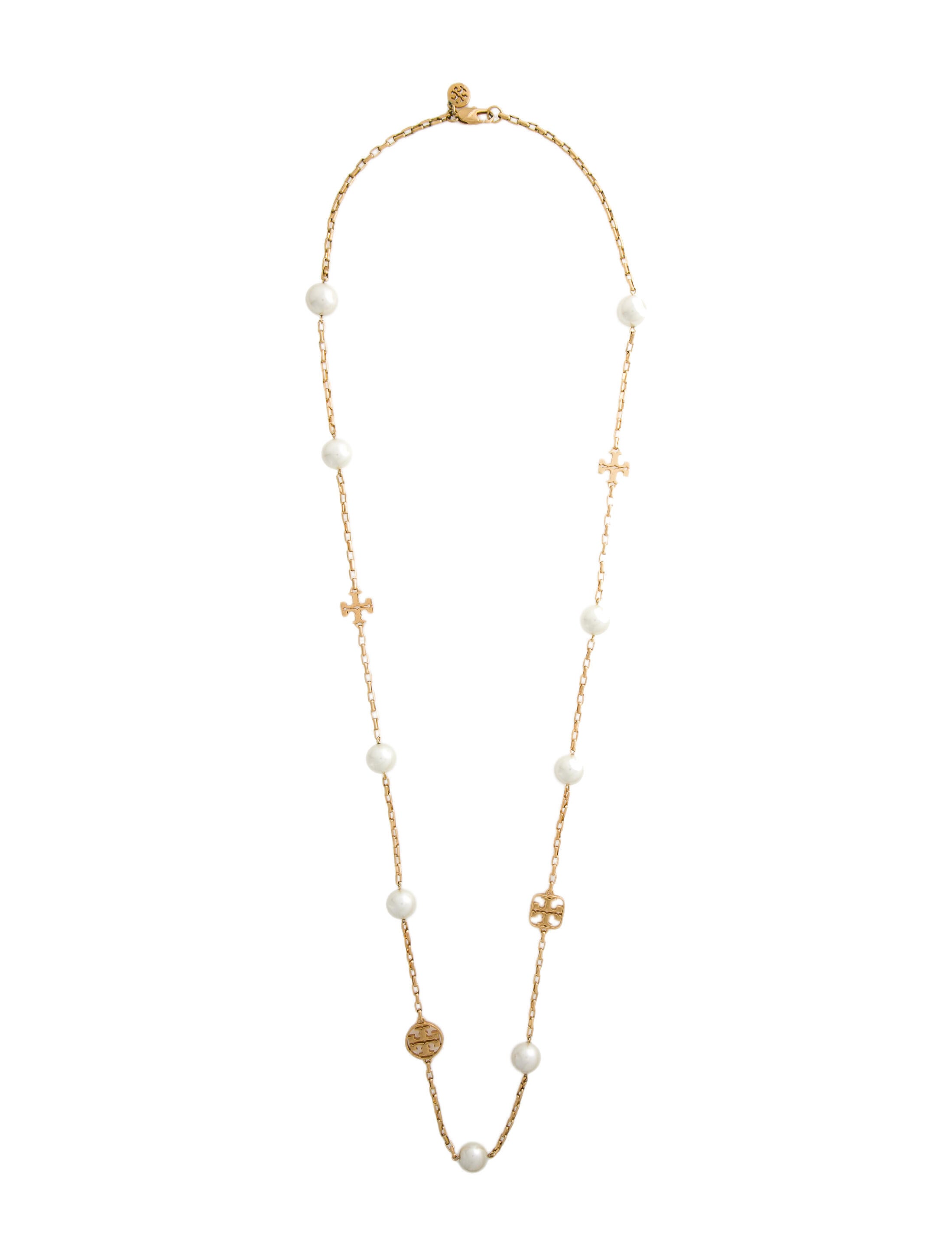 Tory Burch Faux Pearl Logo Station Necklace - Gold-Tone Metal Bead ...
