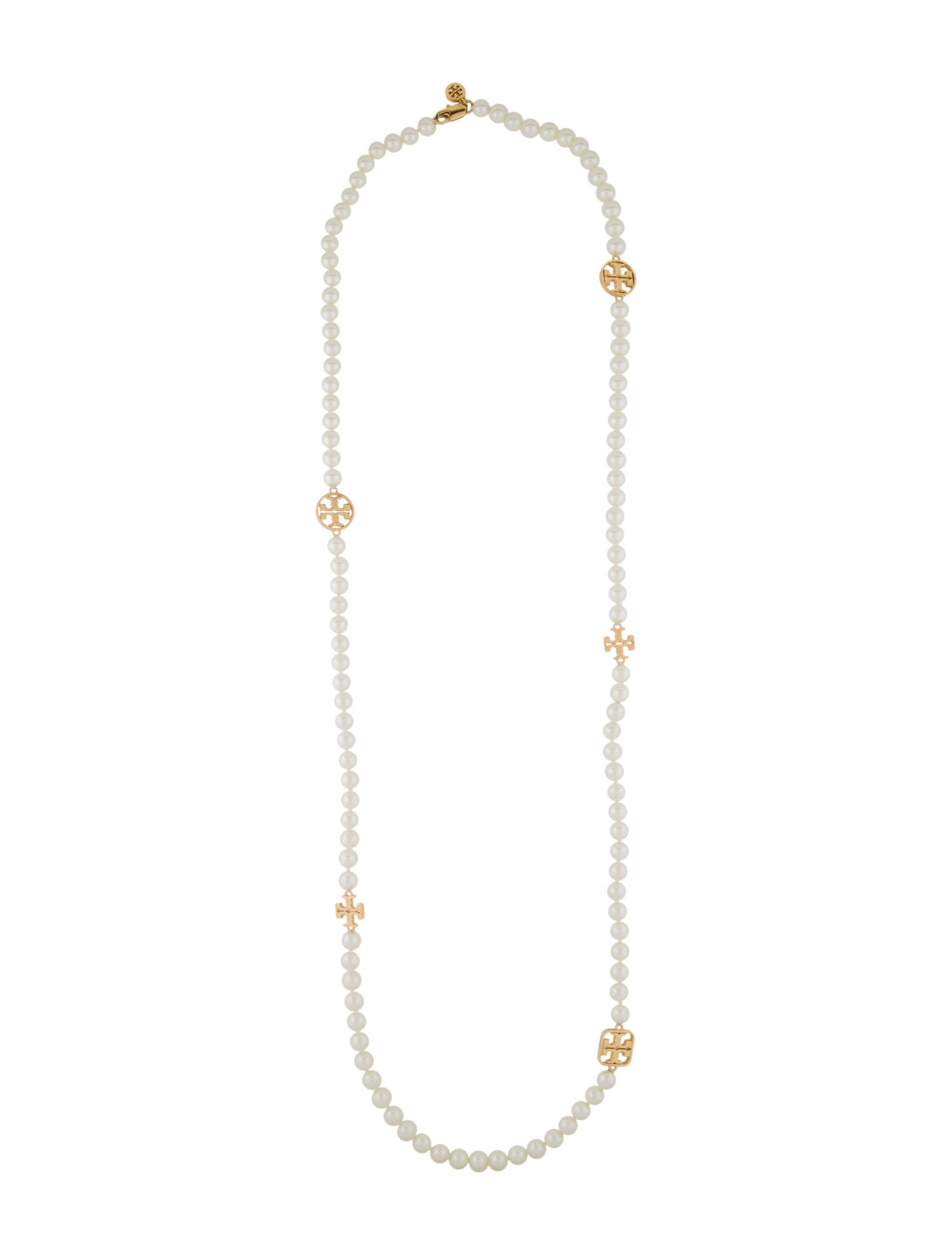 Tory Burch Faux Pearl Evie Logo Station Necklace - Gold-Tone Metal Bead ...