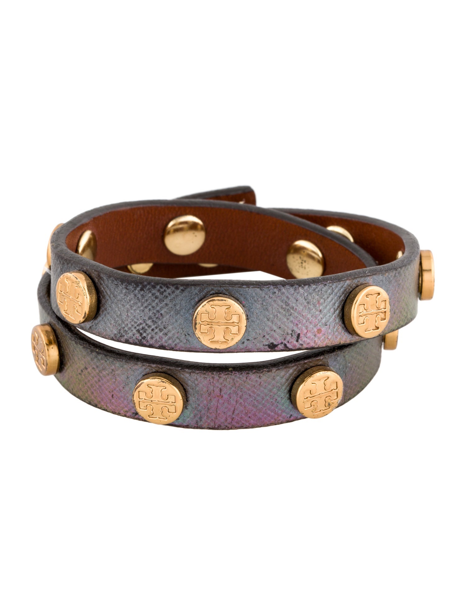 Tory Burch Leather Logo Studded Double Wrap Bracelet - Gold-Tone Metal ...