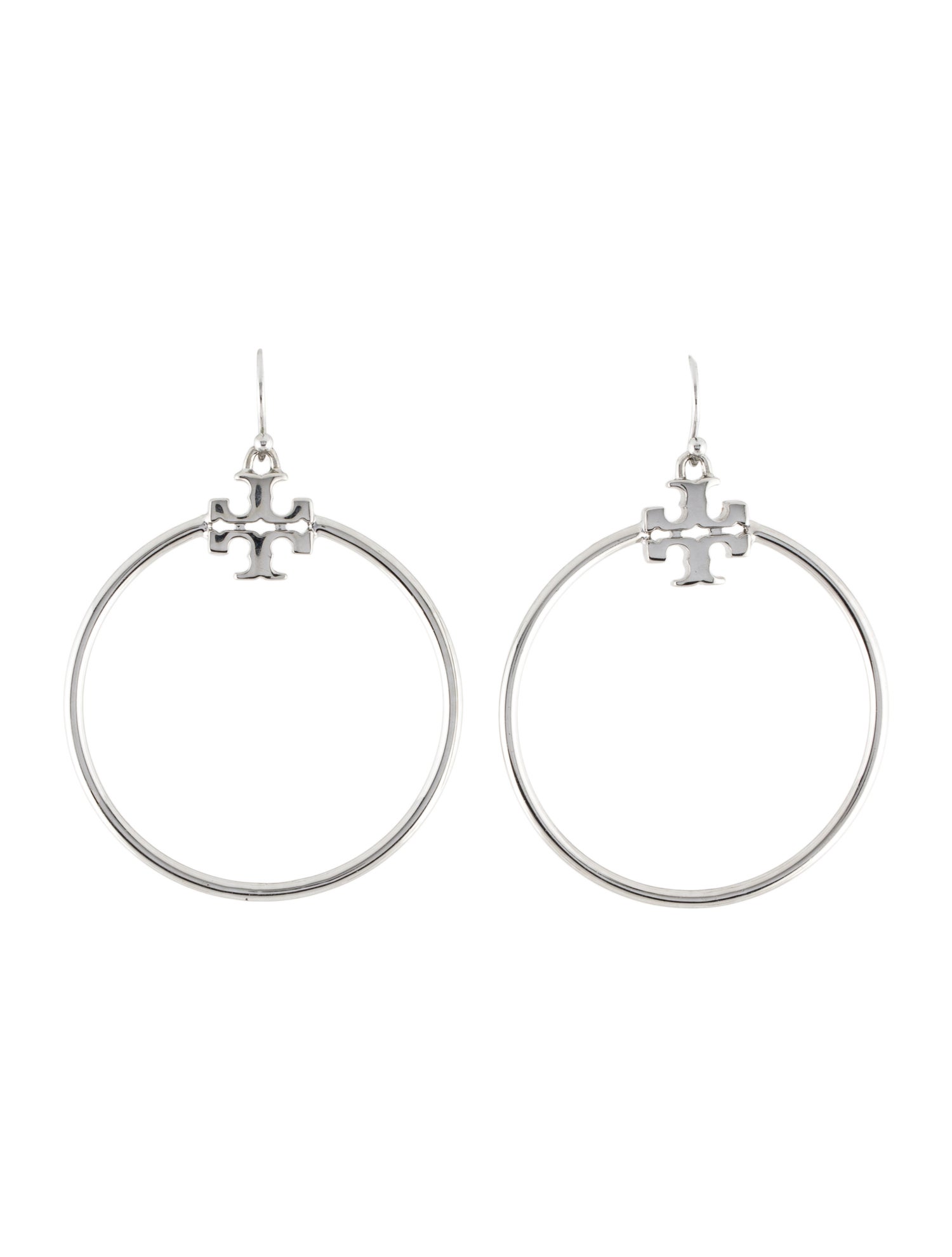 Tory Burch Stacked T Logo Hoop Drop Earrings - Silver-Tone Metal Drop ...