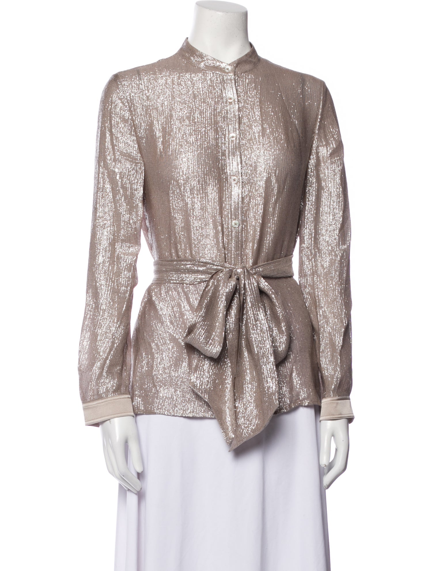 Tory Burch Silk Mock Neck Button-Up Top - Metallic Tops, Clothing ...