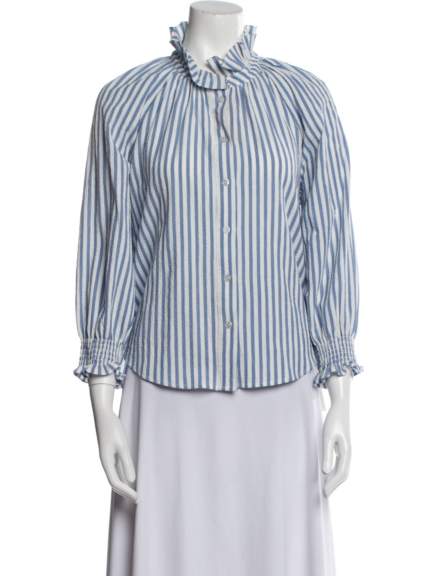 Veronica Beard Striped Mock Neck Button-Up Top - Blue Tops, Clothing - WV1304994 | The RealReal