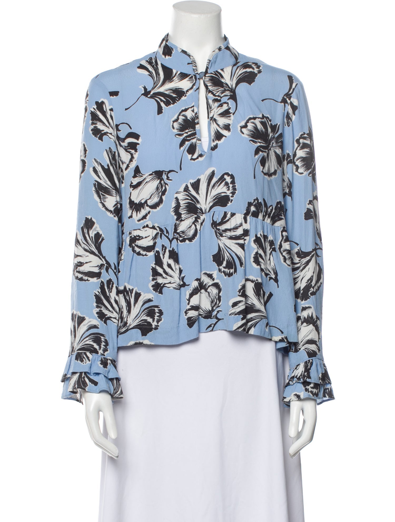 Ganni Floral Print Mock Neck Blouse - Blue Tops, Clothing - WZG106609 ...