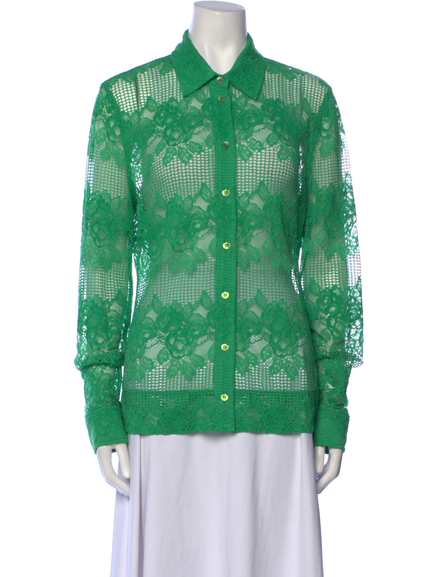 Ganni Lace Pattern Long Sleeve Button-Up Top - Green Tops, Clothing ...