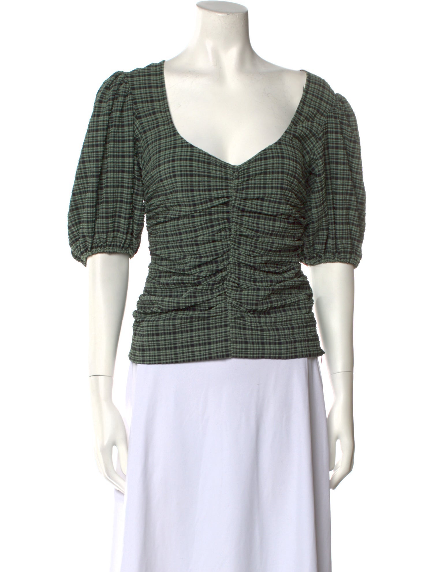 Ganni Plaid Print V-Neck Blouse - Green Tops, Clothing - WZG120260 ...