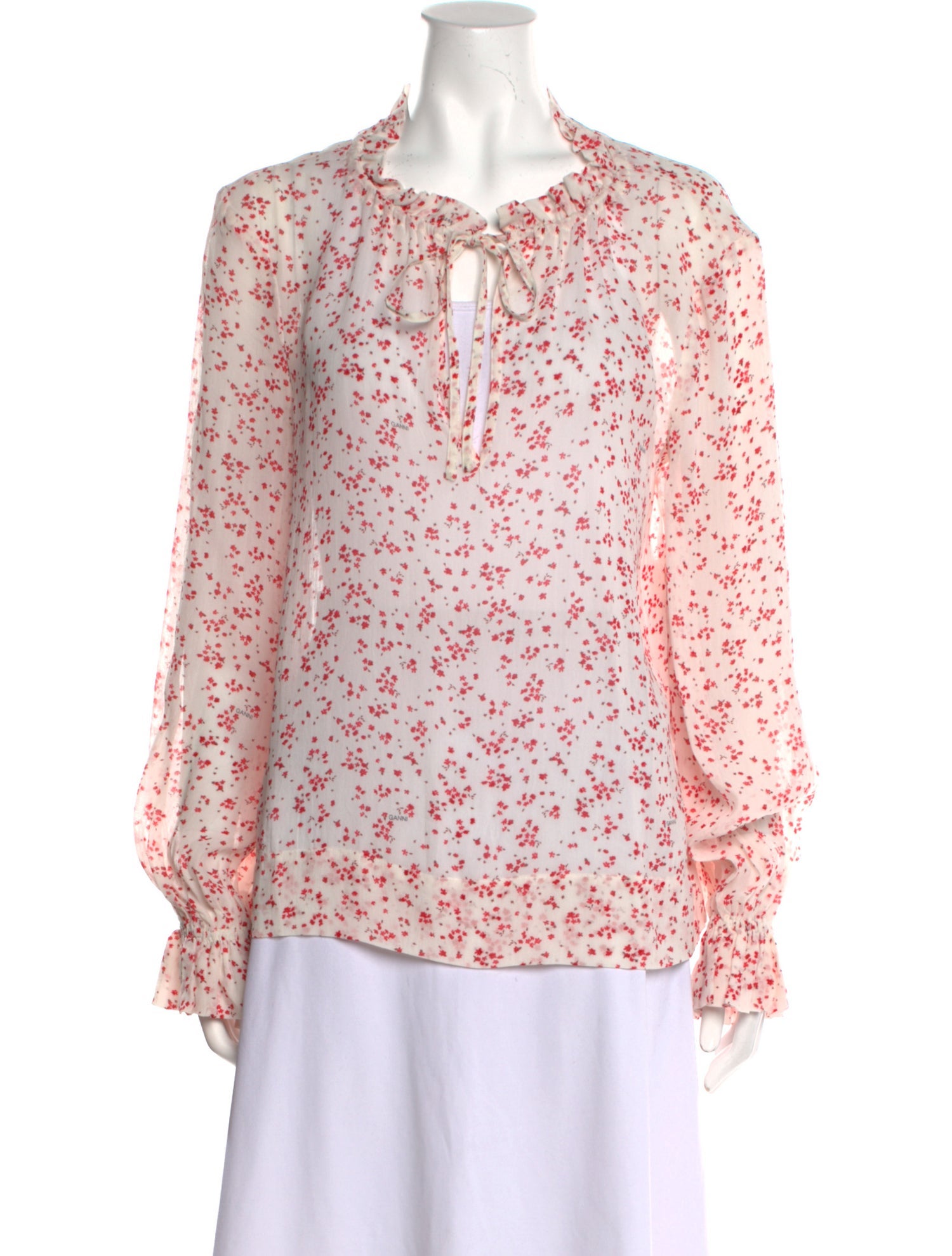 Ganni Floral Print V-Neck Blouse - White Tops, Clothing - WZG122209 ...
