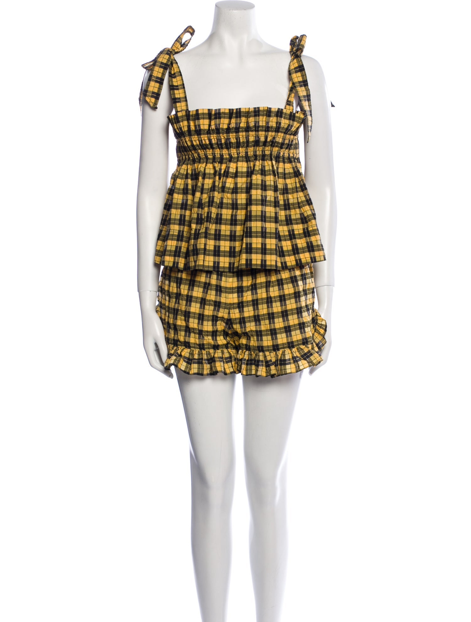 Ganni Plaid Print Ruffle Embellishment Short Set w/ Tags - Yellow Suits ...