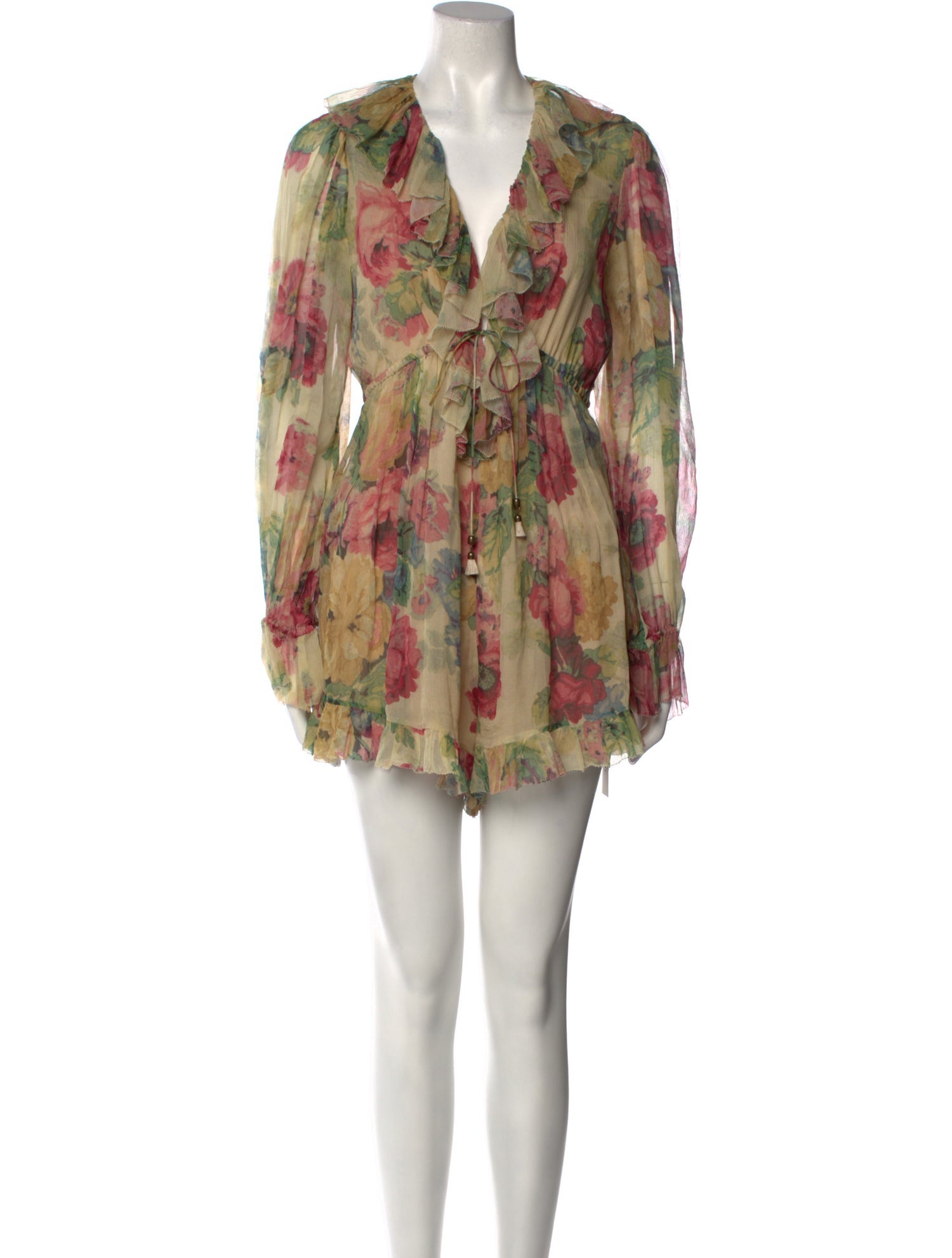 Zimmermann Silk Floral Print Romper - Neutrals, 14" Rise Jumpsuits and ...