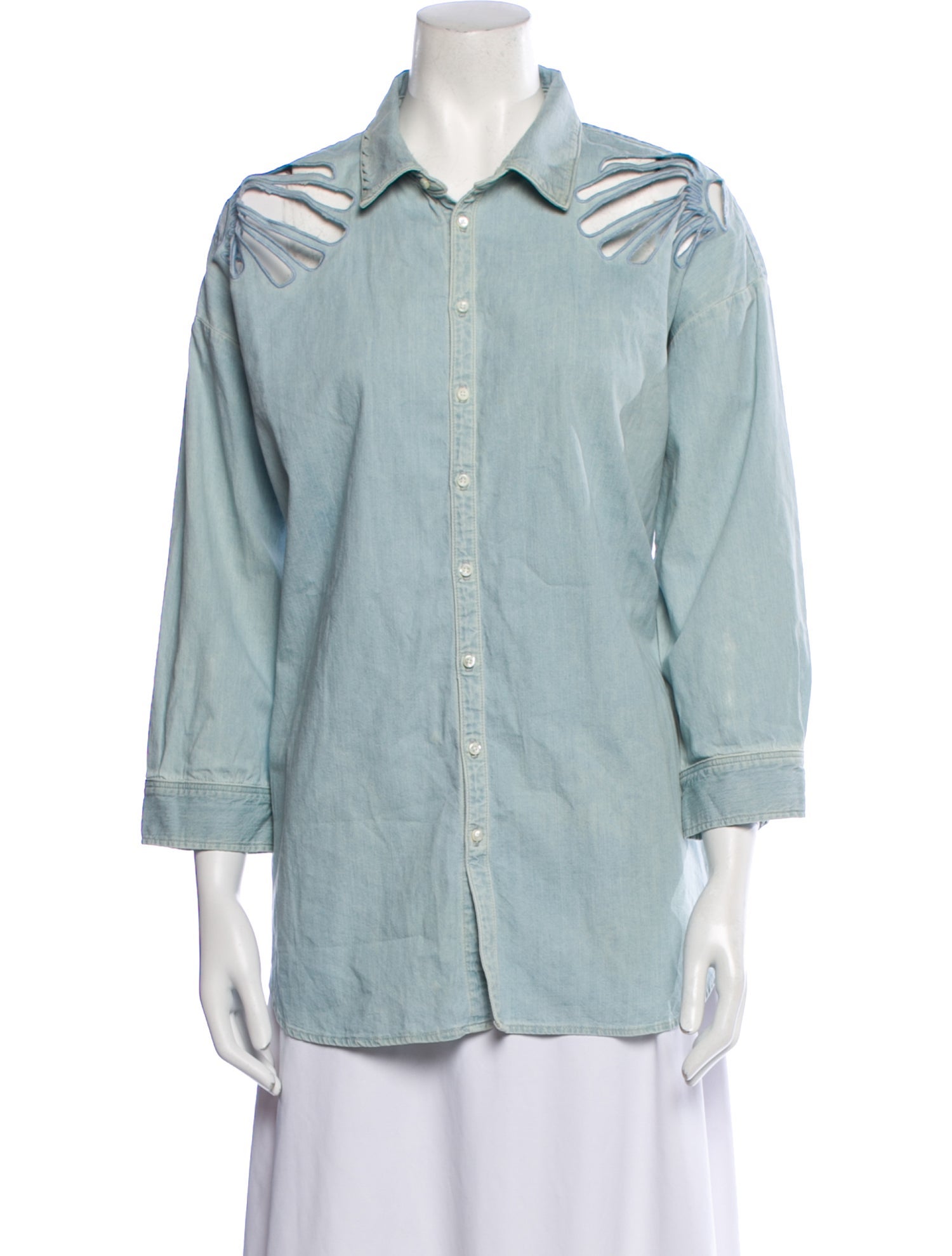 3x1 Three-Quarter Sleeve Button-Up Top - Blue Tops, Clothing - WZJ32992 ...