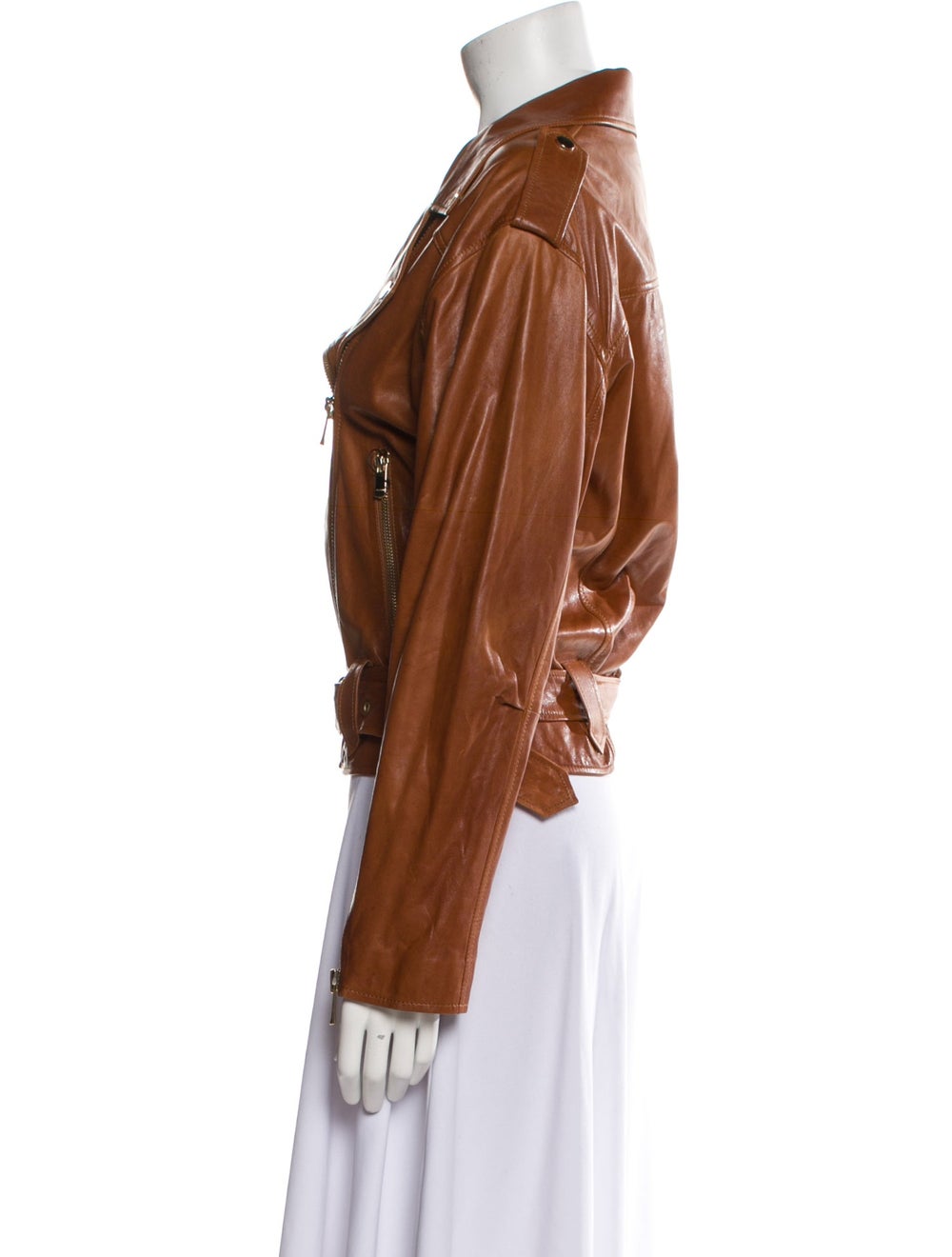 Arma Lamb Leather Biker Jacket Brown Pointed Collar - Gem