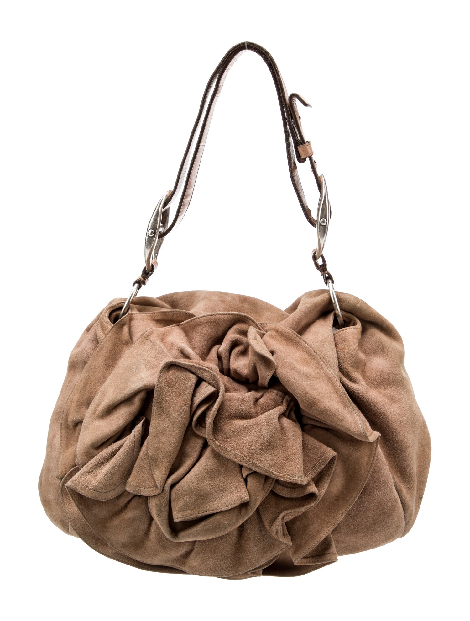 Yves Saint Laurent Ruffled Suede Shoulder Bag - Neutrals Shoulder Bags ...